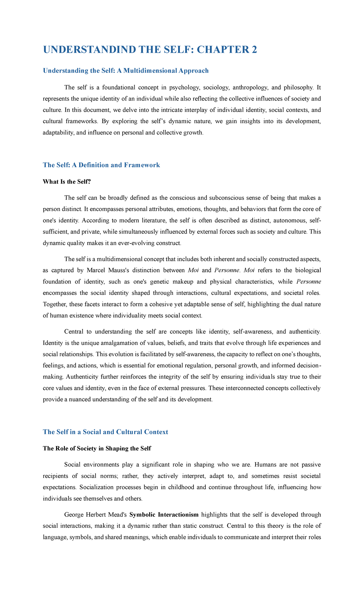 Understanding The Self - Chapter 2 - UNDERSTANDIND THE SELF: CHAPTER 2 Understanding the Self: A ...