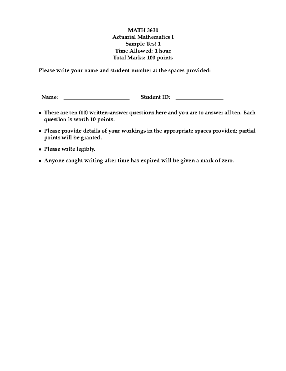 Acturial Maths Quiz - Actuarial Mathematics 1 - MATH 3630 Actuarial ...