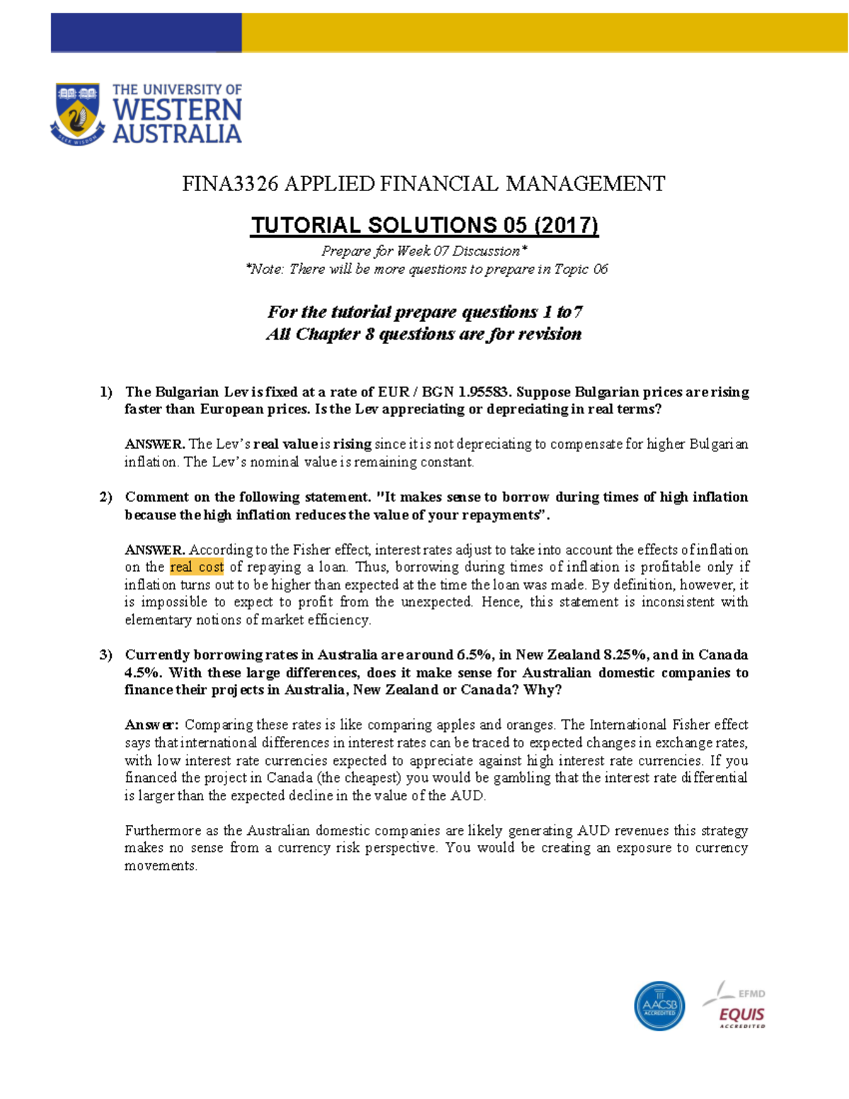 Tutorial Solutions 05 - FINA3326 APPLIED FINANCIAL MANAGEMENT TUTORIAL ...