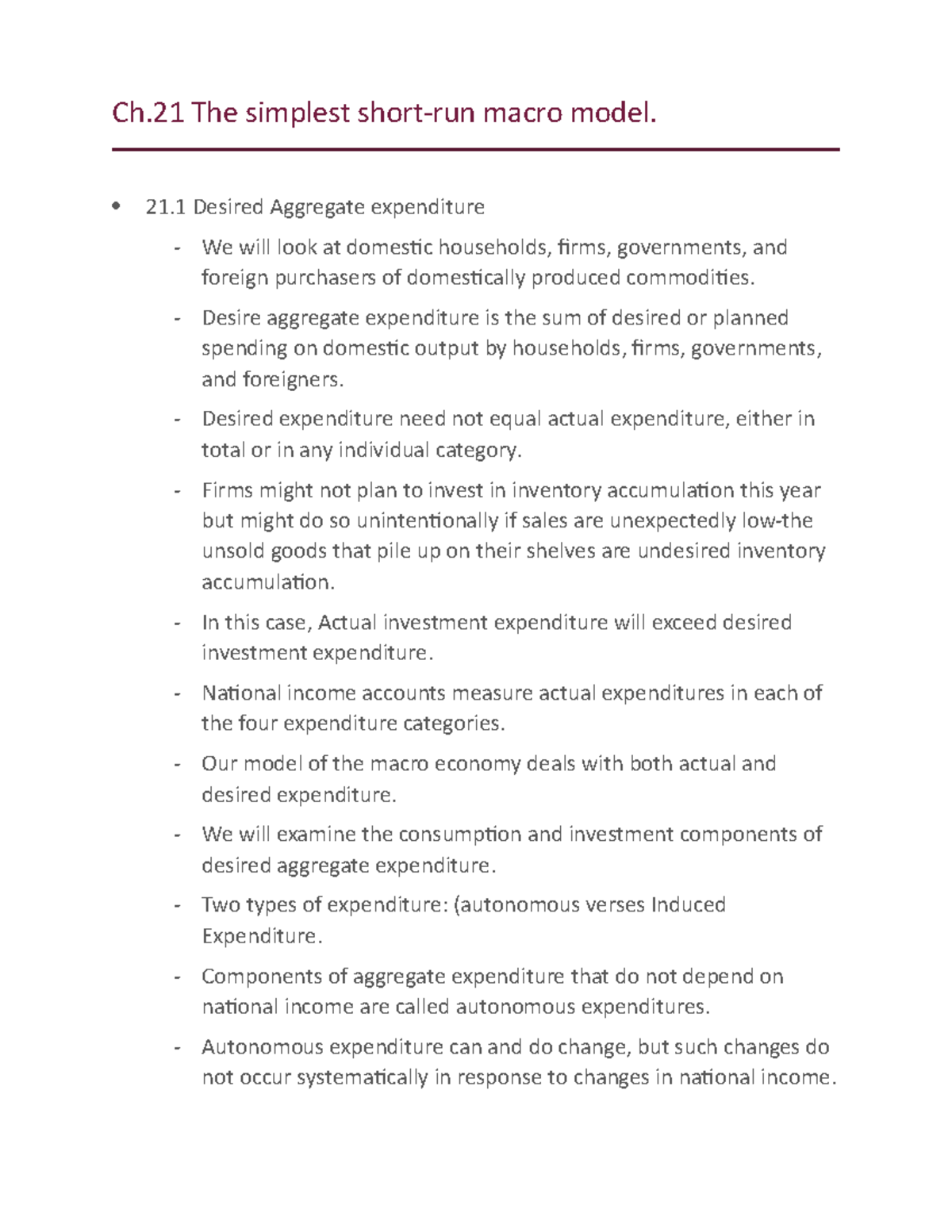 Econ 102 Ch. 21 The simplest short run macro model - Ch The simplest ...
