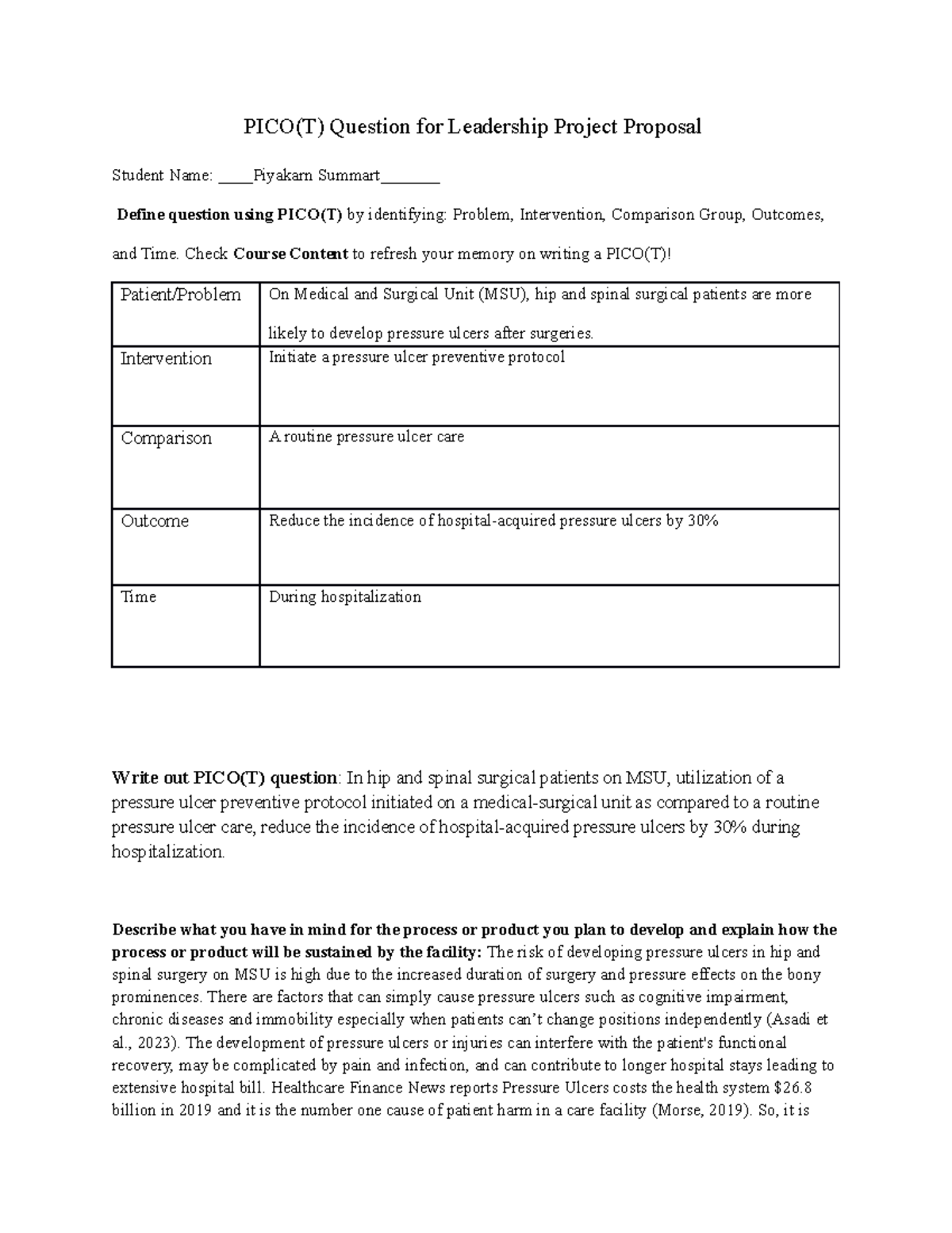 Picot Form 2023 for project - PICO(T) Question for Leadership Project ...
