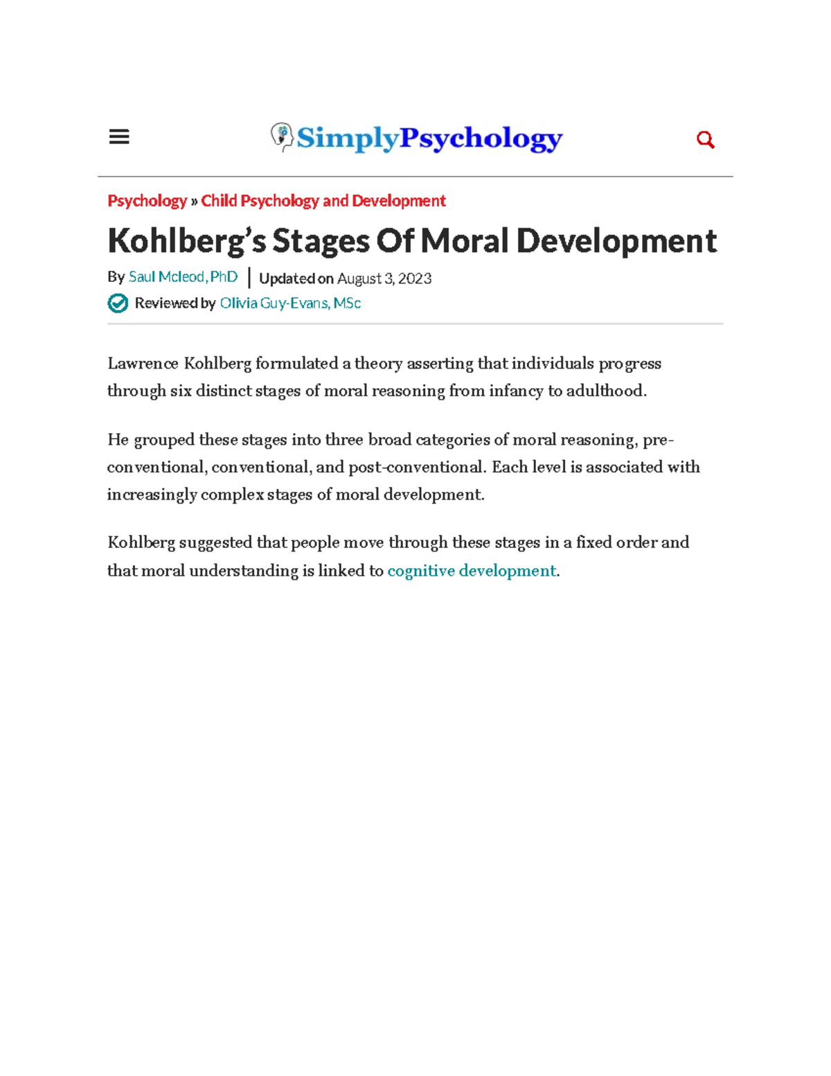 Kohlberg's Stages of Moral Development - Psychology » Child Psychology ...