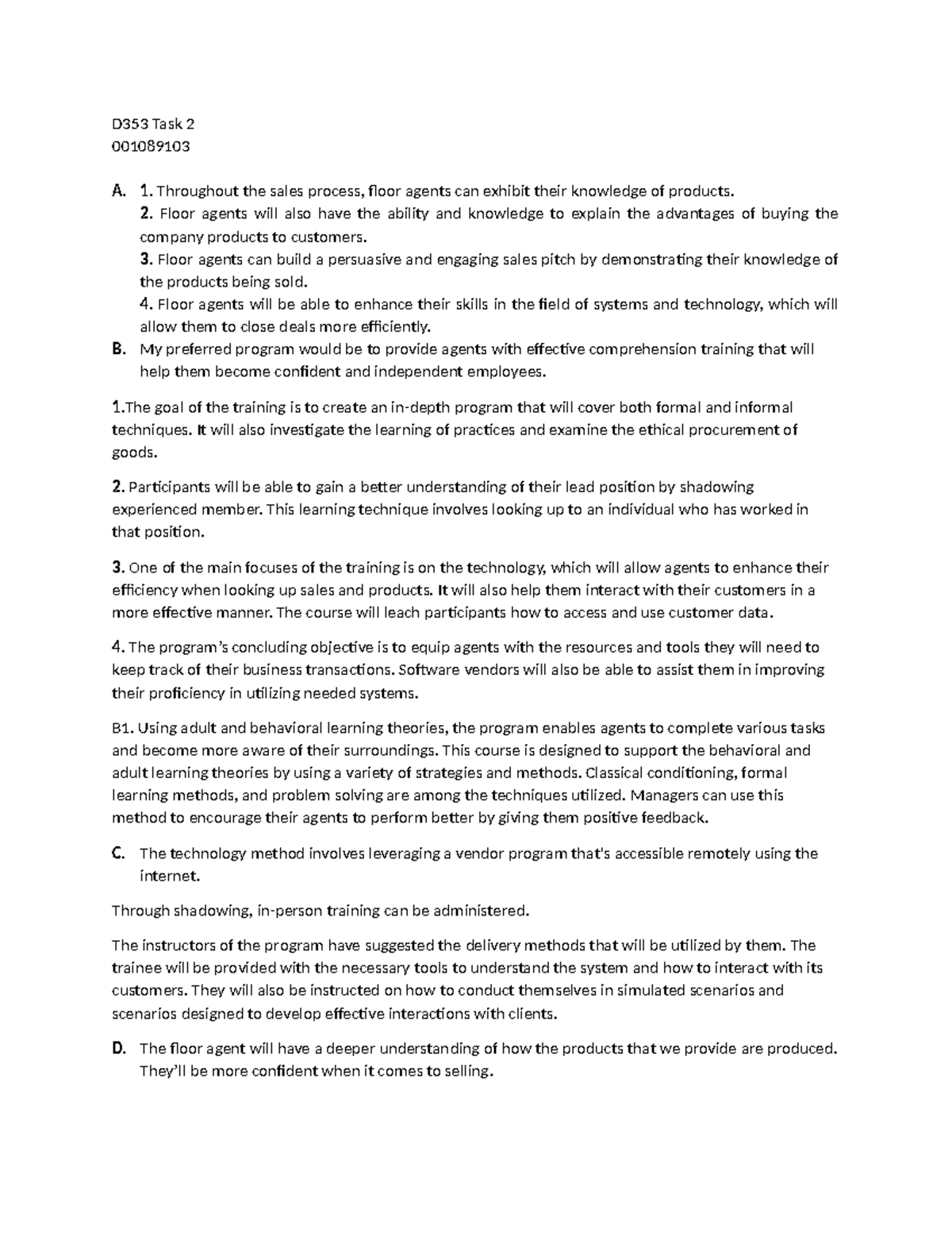 Task 2 Strategic Training and Development - D353 Task 2 001089103 A. 1 ...