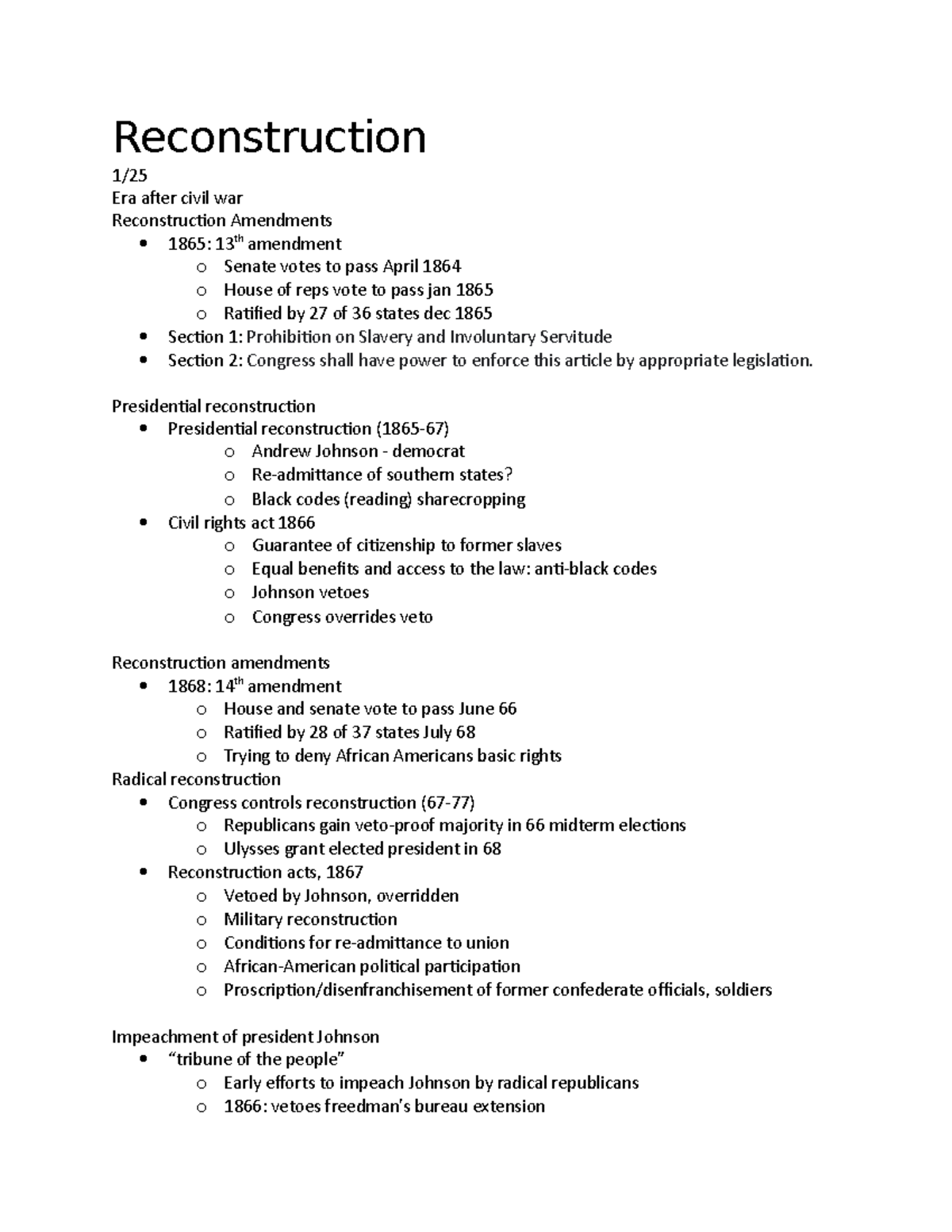 Reconstruction notes - slides - Reconstruction 1/ Era after civil war ...