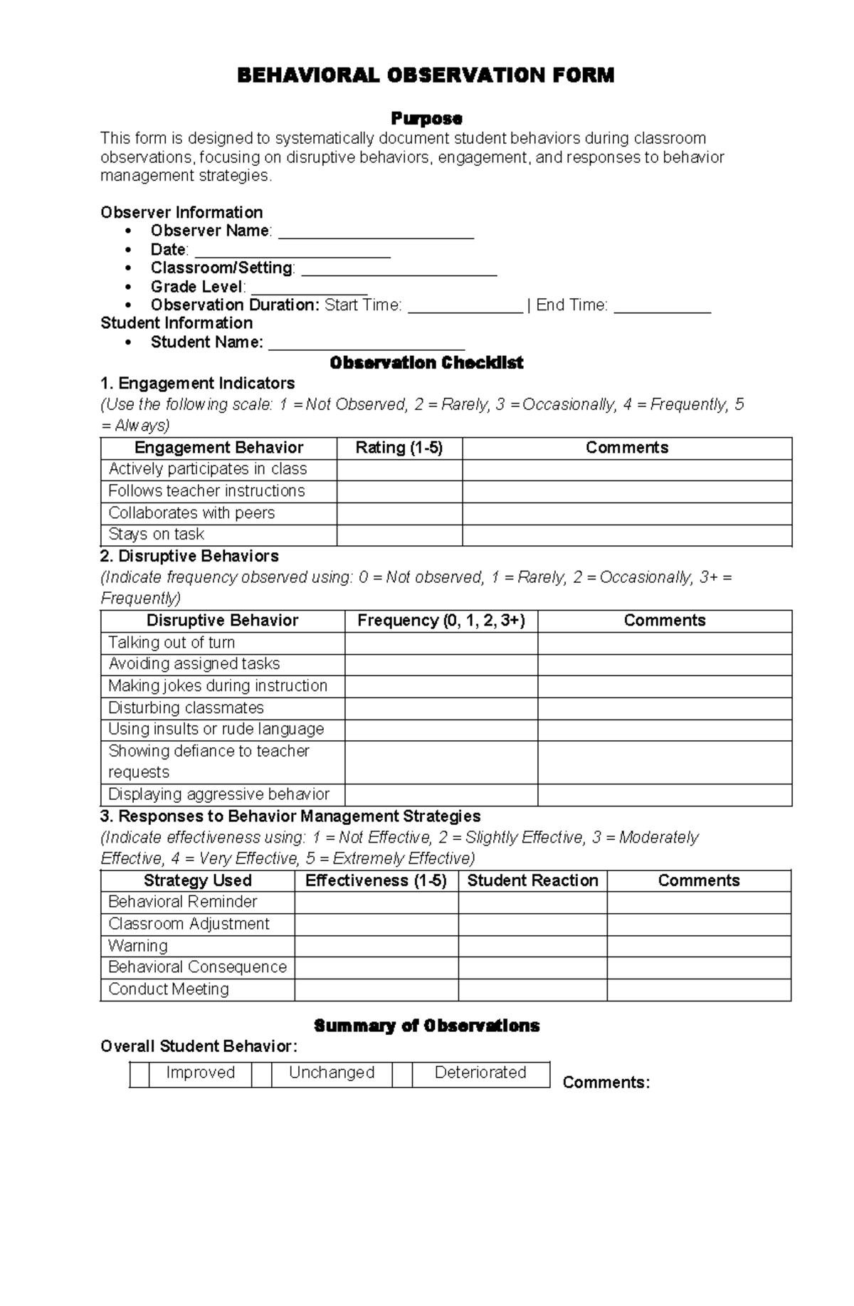 Behavioral Observation Form - BEHAVIORAL OBSERVATION FORM Purpose This ...
