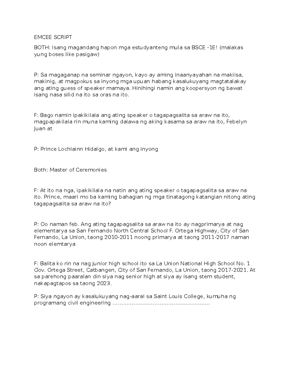 Emcee Script - FIL - EMCEE SCRIPT BOTH: Isang magandang hapon mga ...