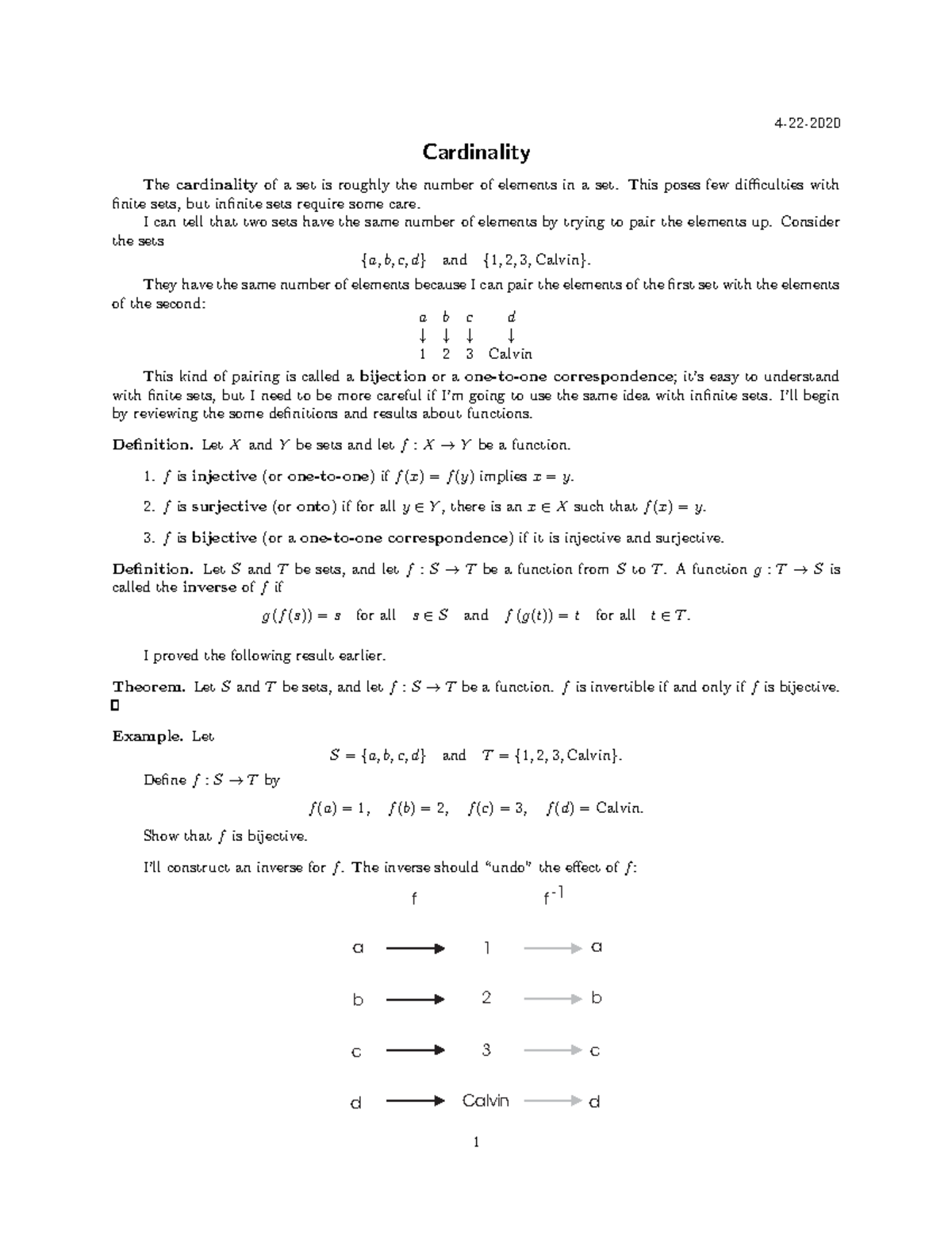 Cardinality - Important notes - 4-22- Cardinality The cardinality of a ...