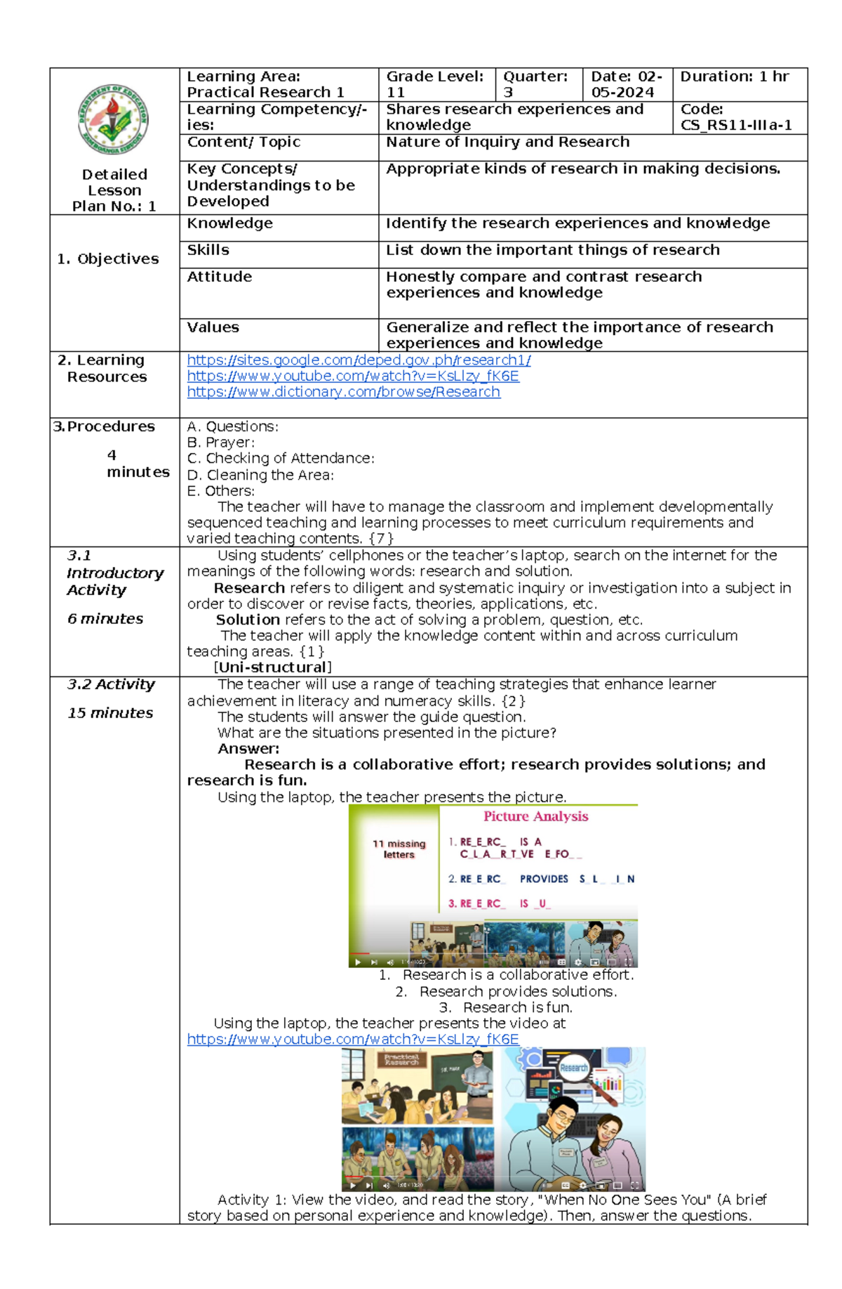 PR1 DLP D1 - DLP in Practical Research Day 1 - Detailed Lesson Plan No ...