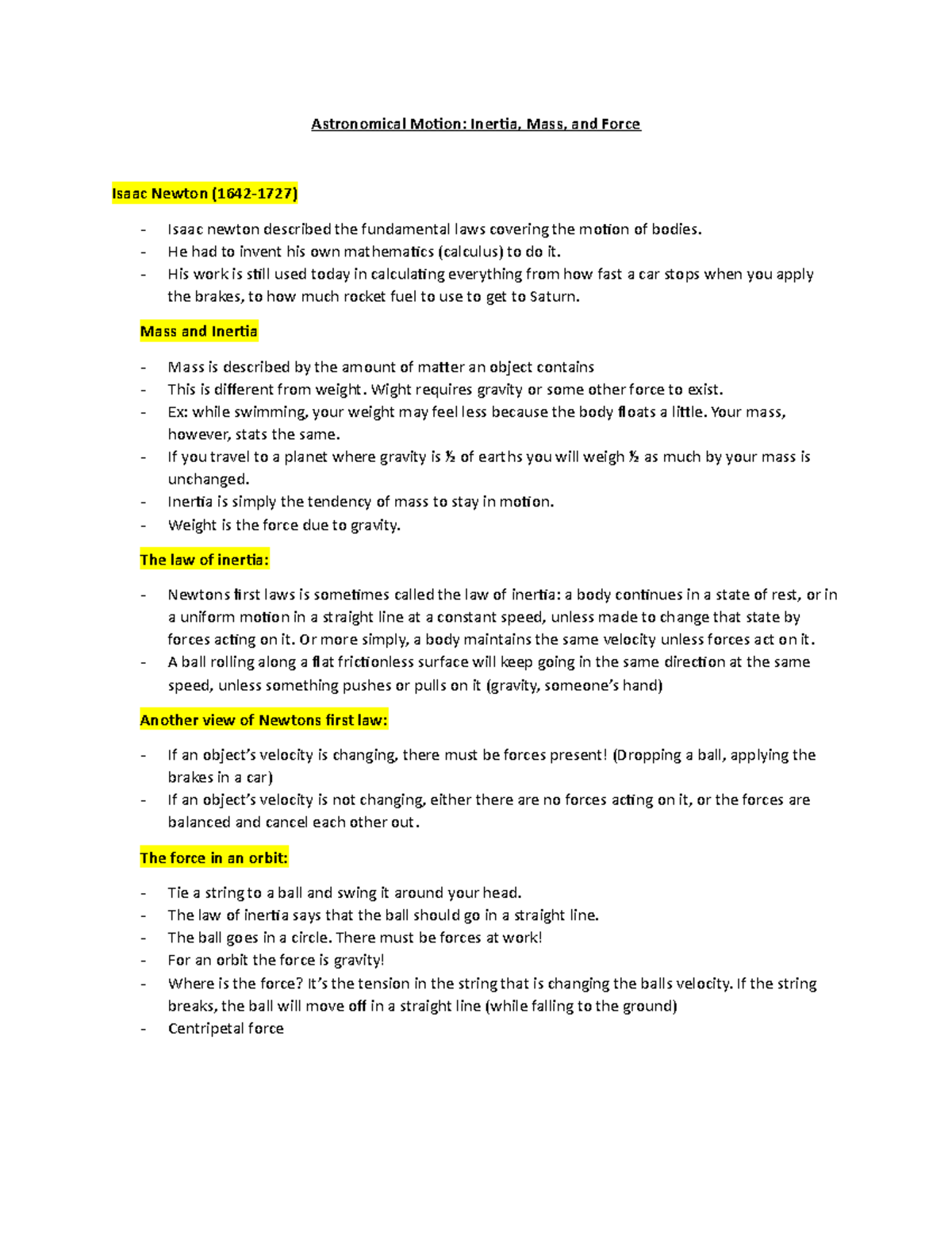 AST 111 unit 14 notes - Astronomical Motion: inertia, mass, and force ...