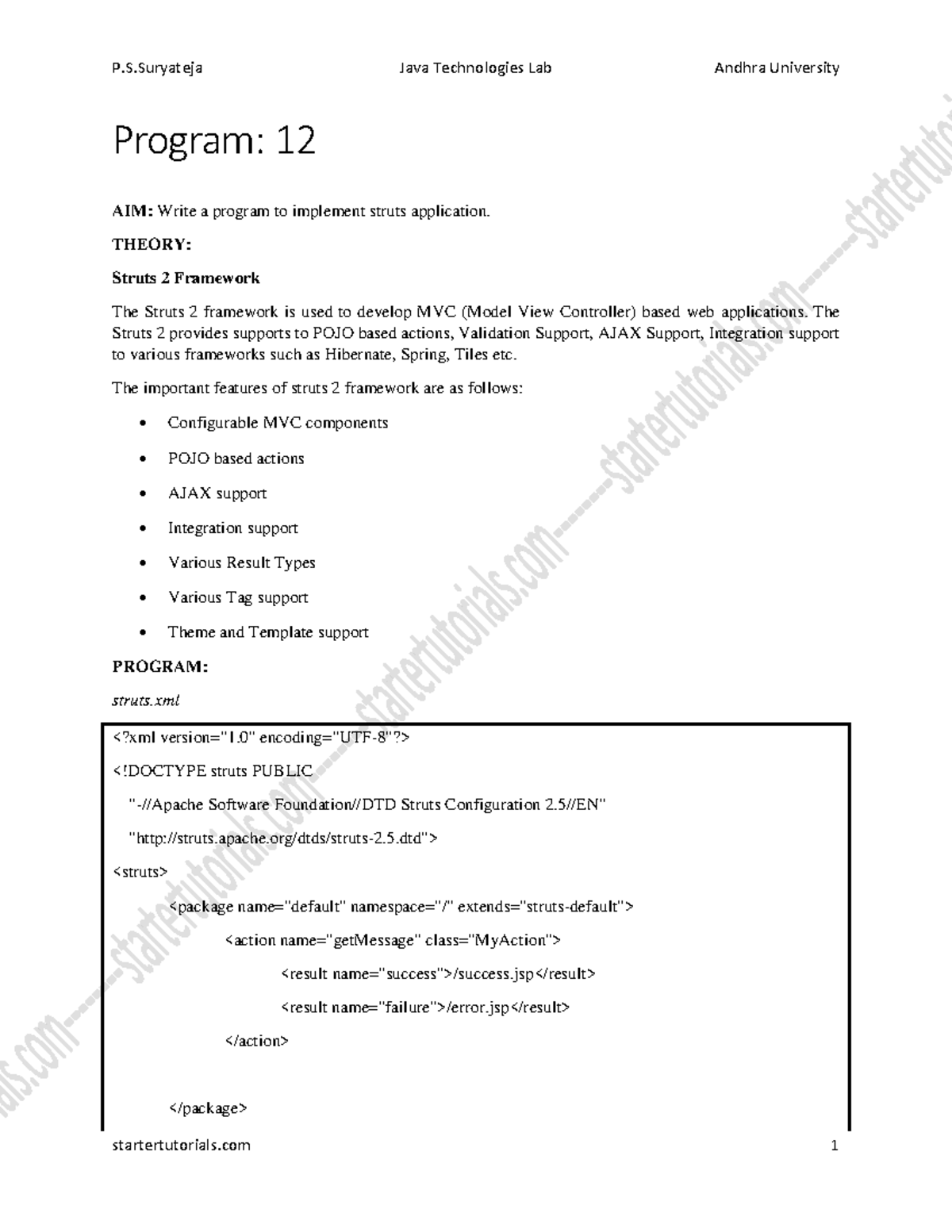 Experiment 12 Program 12 Aim Write A Program To Implement Struts Application Theory Struts