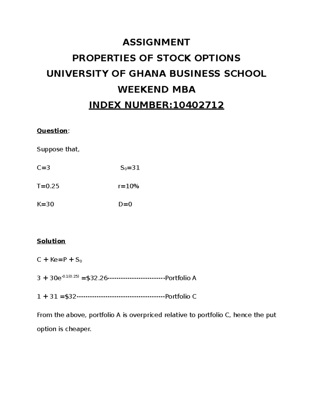 Assignment- Properties OF Stock Options Final - ASSIGNMENT PROPERTIES ...