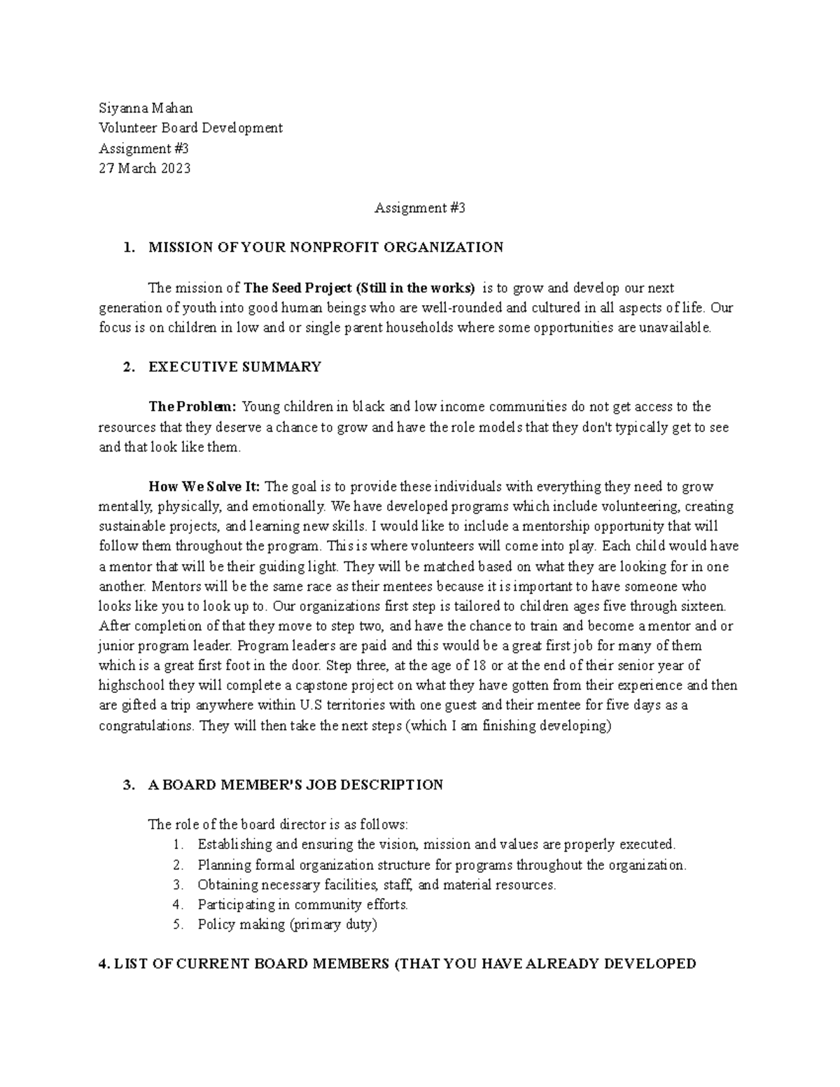 Assignment #3 - Siyanna Mahan Volunteer Board Development Assignment ...
