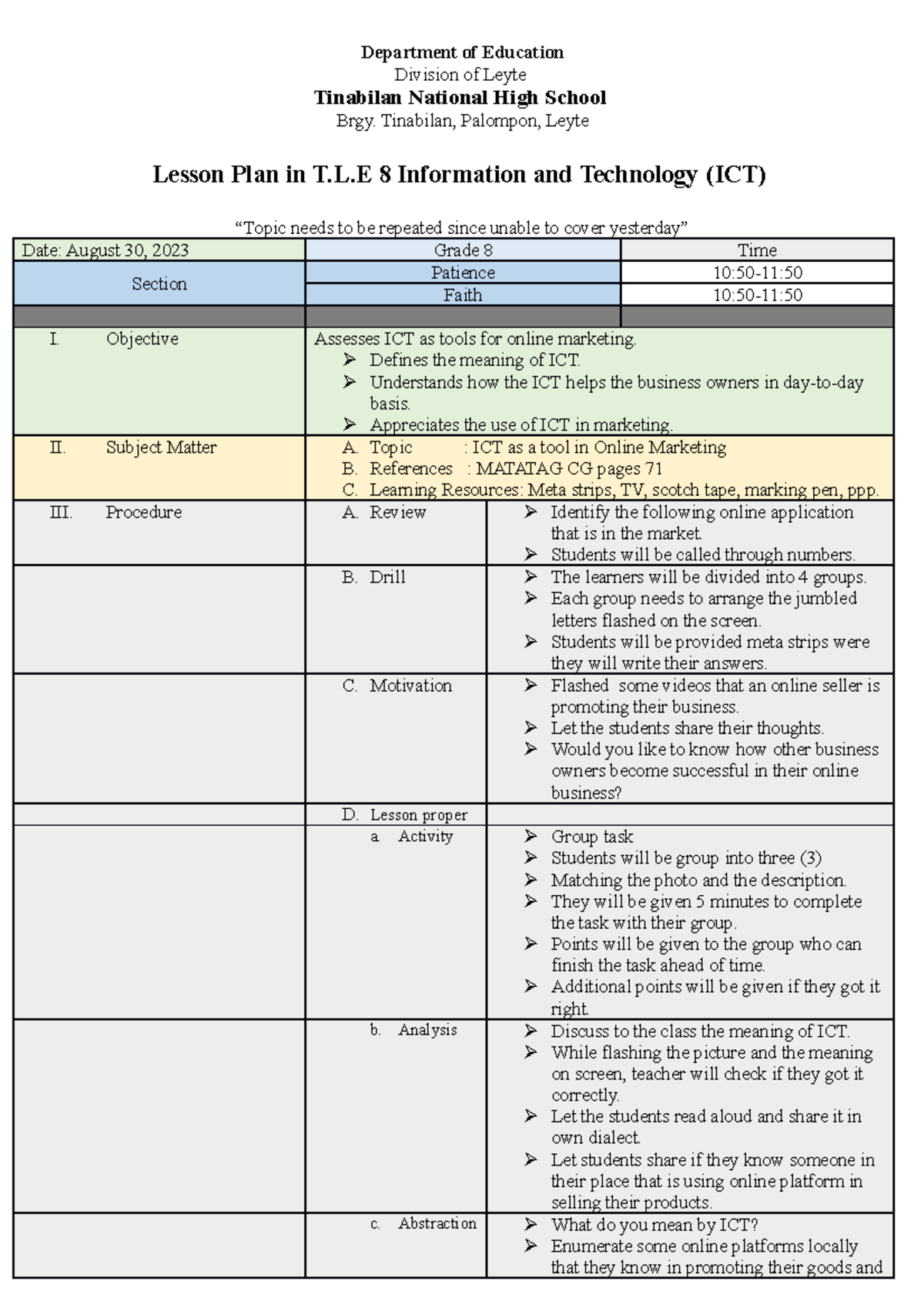 Day 2 - lesson planning - Department of Education Division of Leyte ...