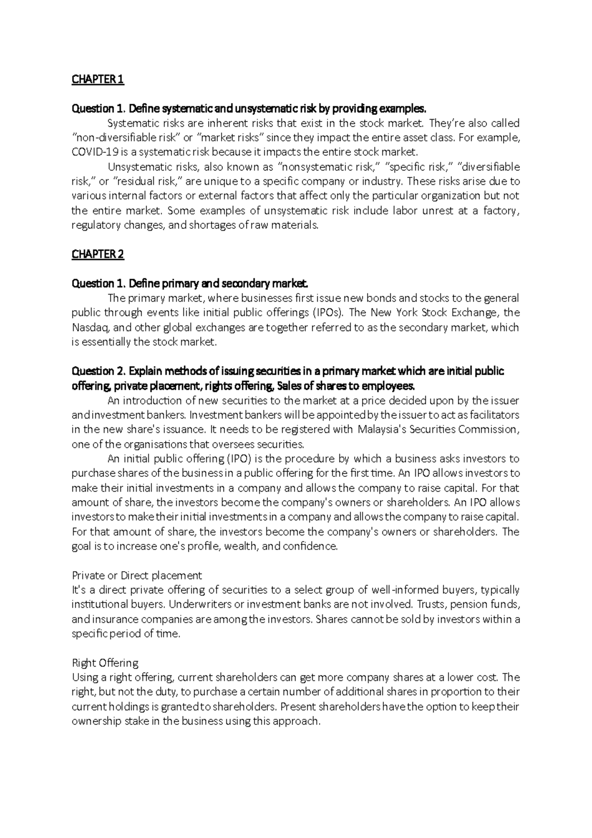 FIN358 - CHAPTER 1 Question 1. Define systematic and unsystematic risk ...
