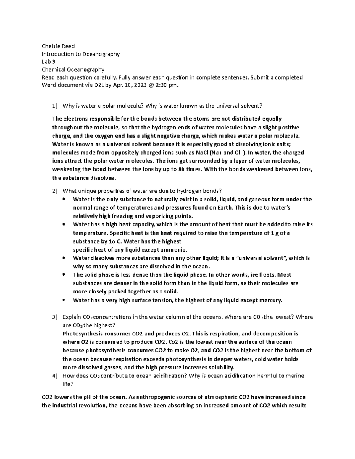 Lab 9 - Chemical Oceanography - Chelsie Reed Introduction to ...
