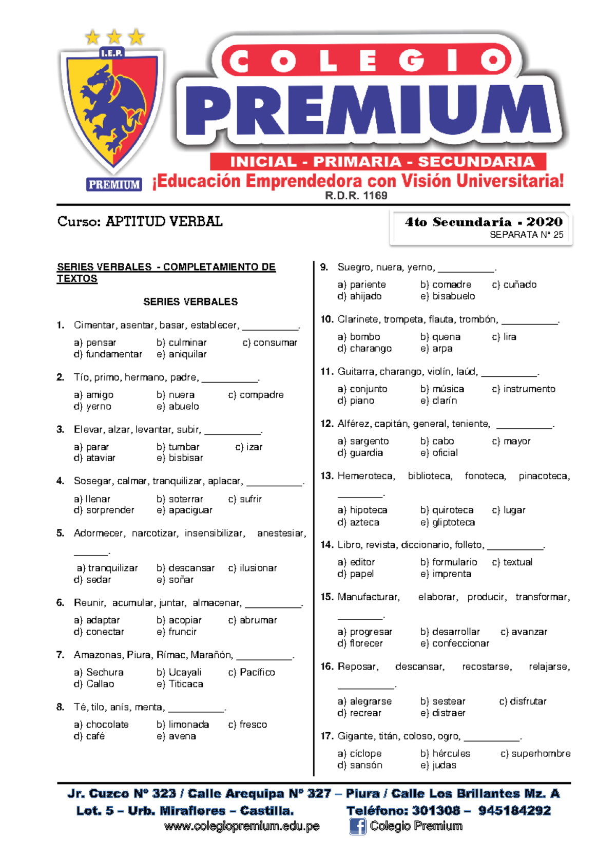 Aptitud Verbal 4TO 2020 25 Series Completam claves - Curso: APTITUD ...