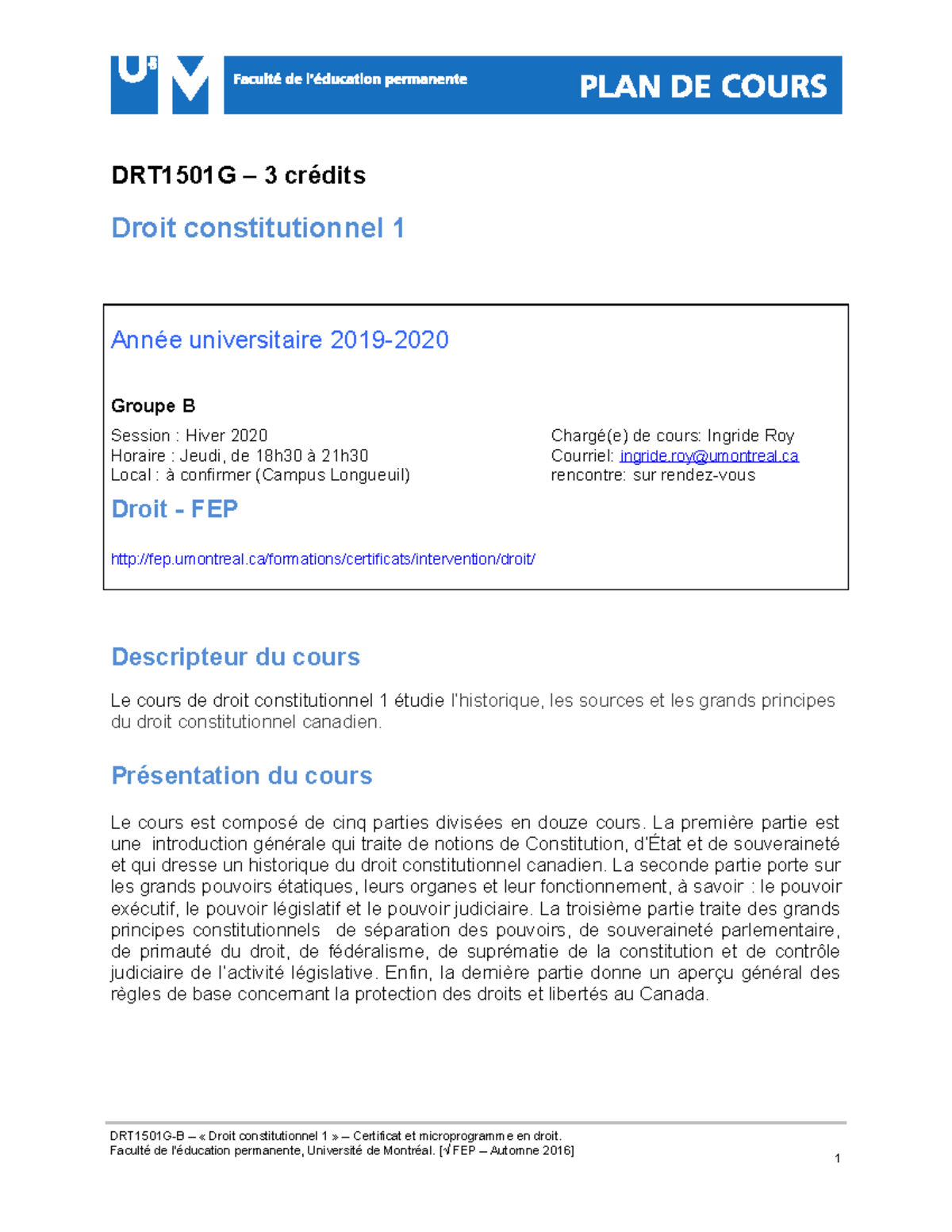 Plan de cours - DRT1501G – 3 crédits Droit constitutionnel 1 Année ...
