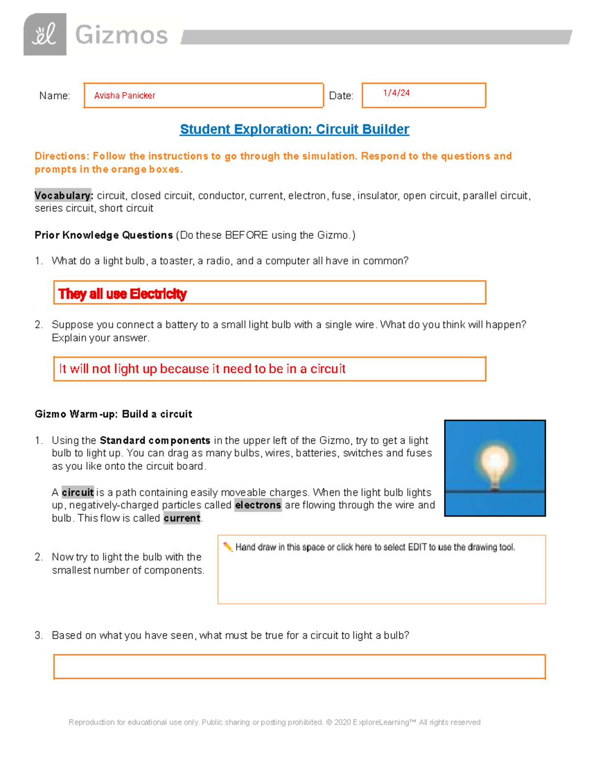 Avisha Panicker - 1.4 Circuit Builder Gizmo - Name: Date: Student ...