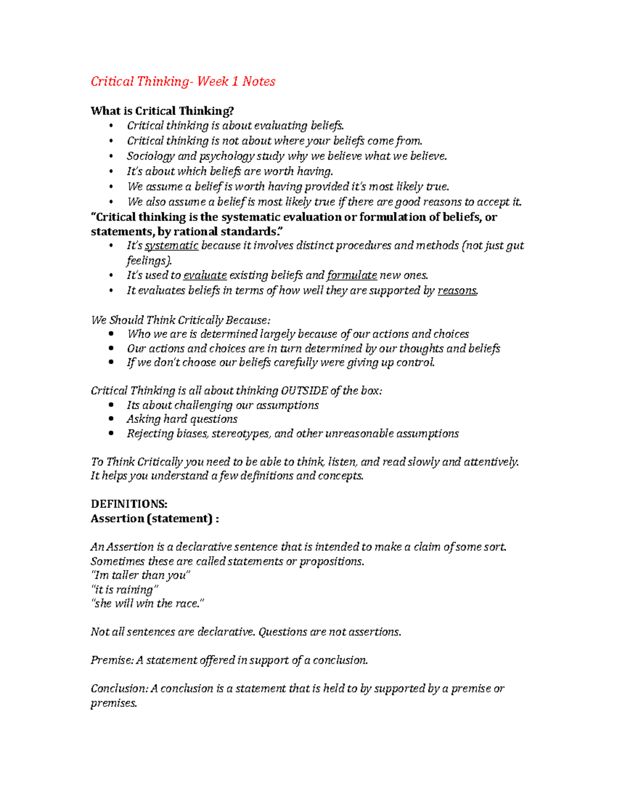Critical Thinking Notes - Lecture notes, lectures 1 - 7 - Critical Week ...