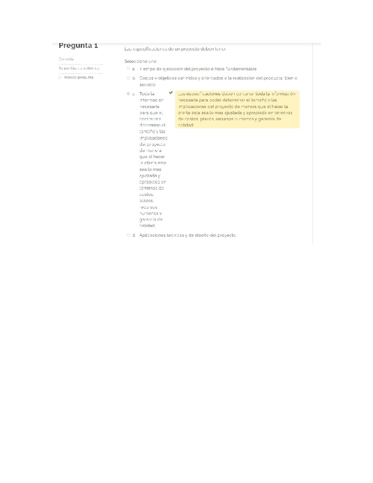 Evaluación c2 - Examen - Pregunta 1 Las especificaciones de un proyecto ...