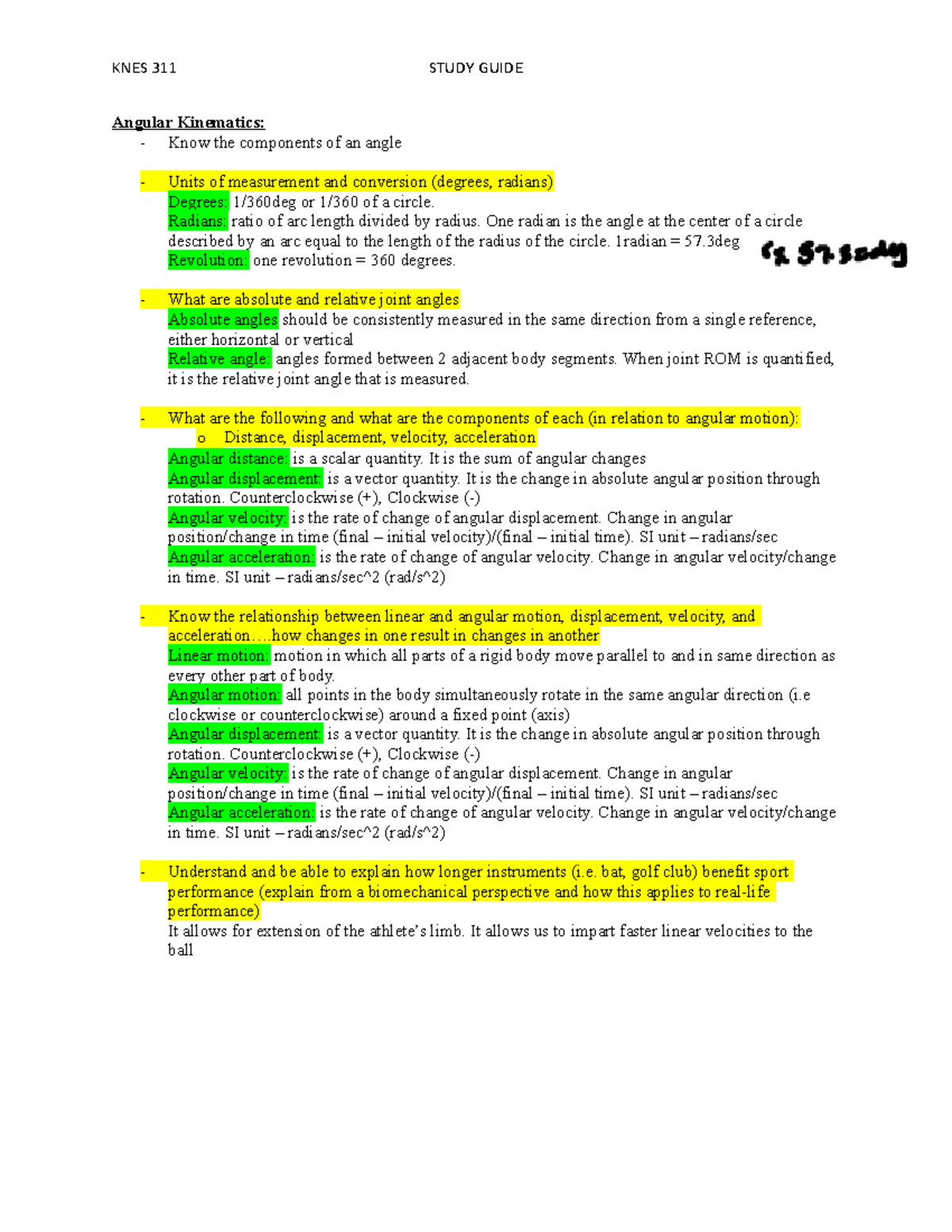 Angular Kinematics Study Guide - KNES 311 STUDY GUIDE Angular Kinematics: - Know the components ...