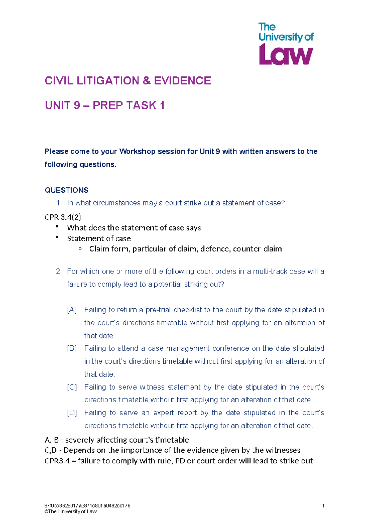 Unit 9- Civ Lit Question and Answer - CIVIL LITIGATION & EVIDENCE UNIT ...