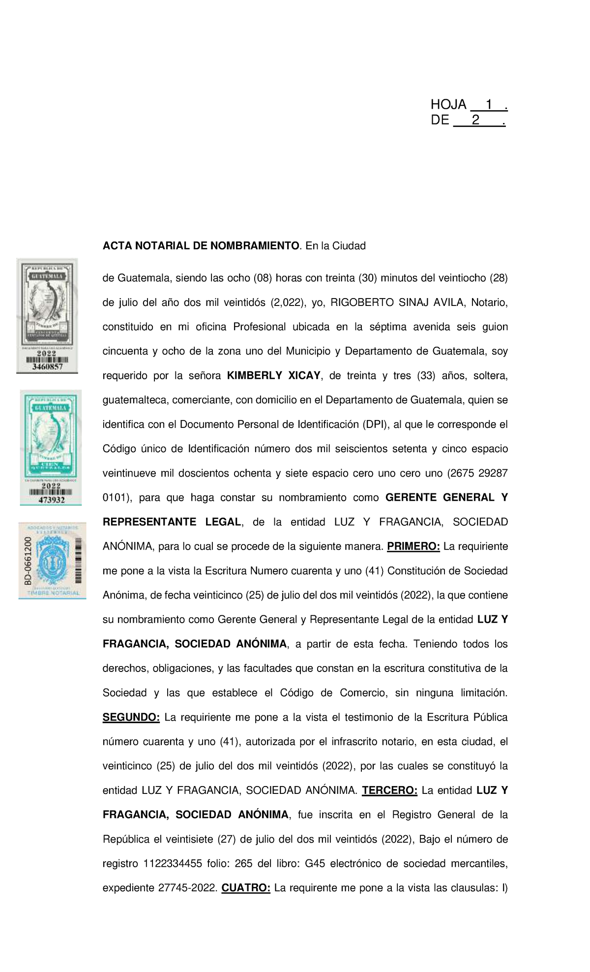 ACTA Notarial DE Nombramiento. Velas - HOJA 1. DE 2. ACTA NOTARIAL DE ...