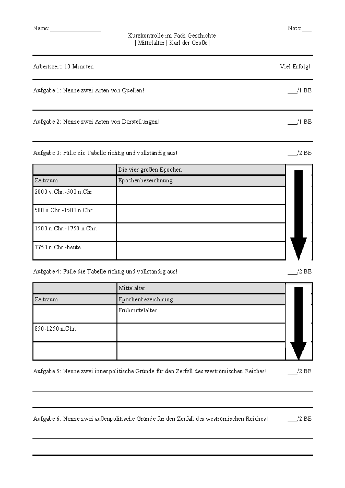 Karl der Große Test - Name:________________ Note:___ Kurzkontrolle im ...