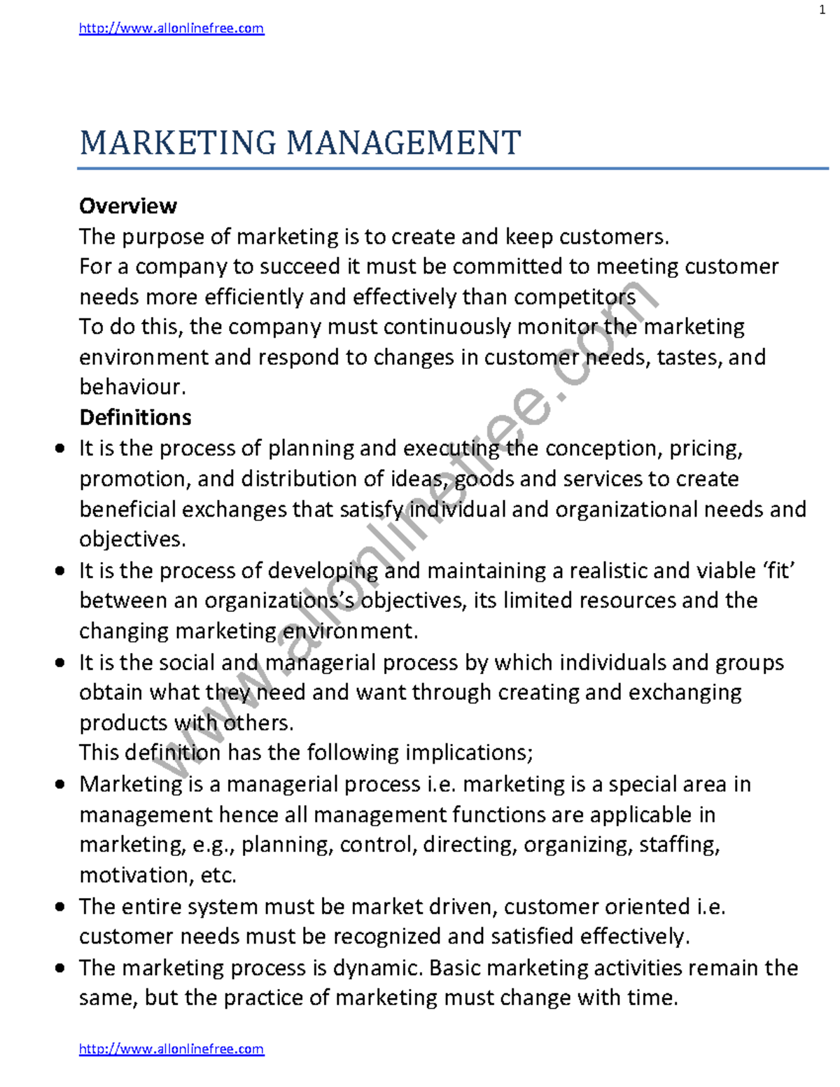 Marketing Management Notes pdf - allonlinefree MARKETING MANAGEMENT ...