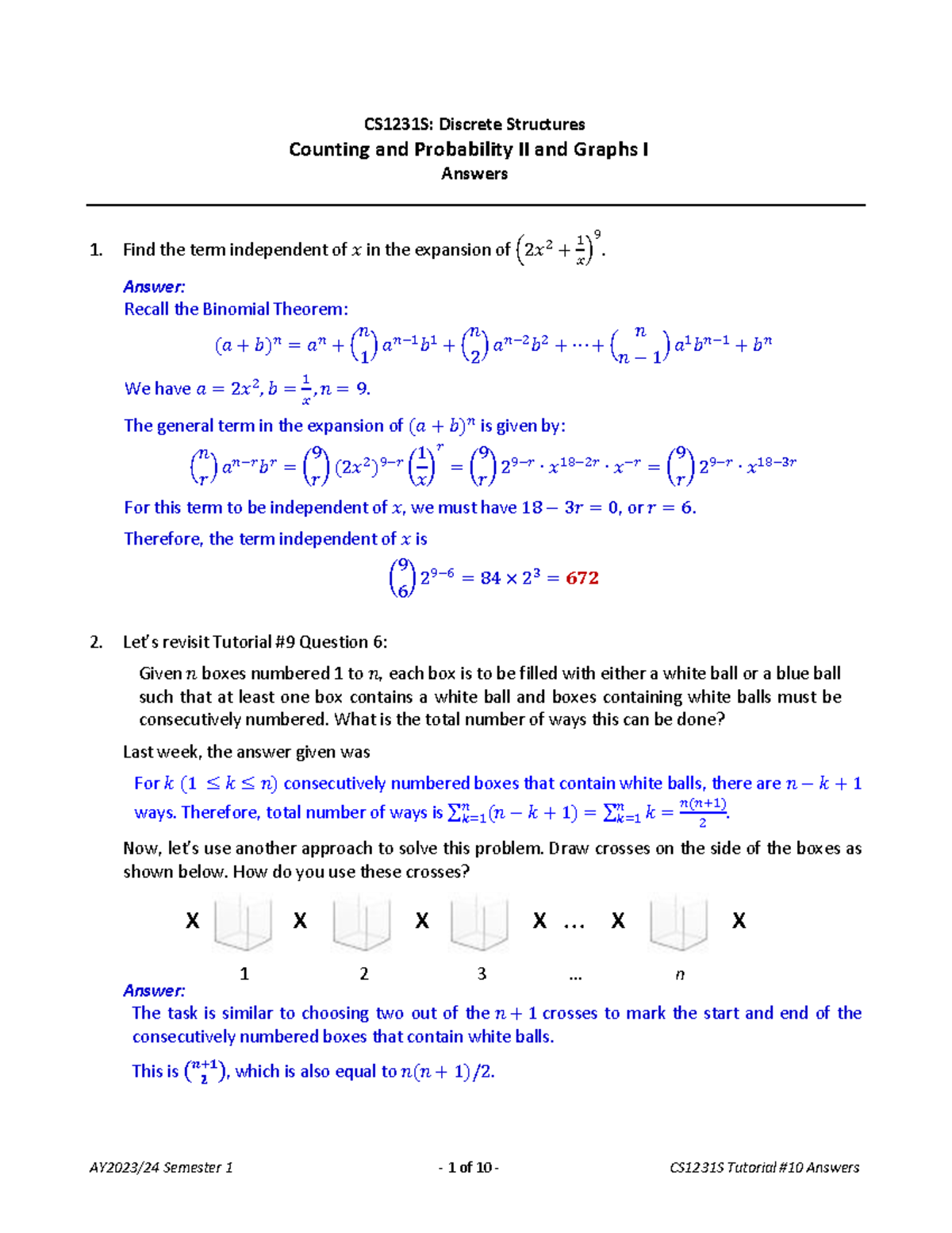 Tut10ans post - tut 10 ans - CS1231S: Discrete Structures Counting and Probability II and Graphs ...