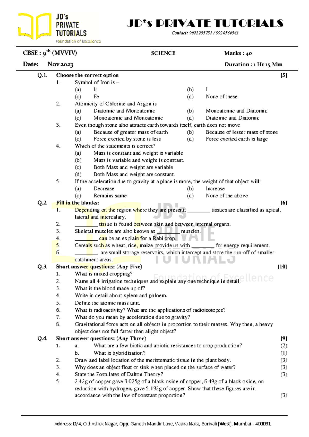 9 STD Mkvviv Science UNIT TEST 40 Marks - CBSE : 9 th (MVVIV) SCIENCE ...