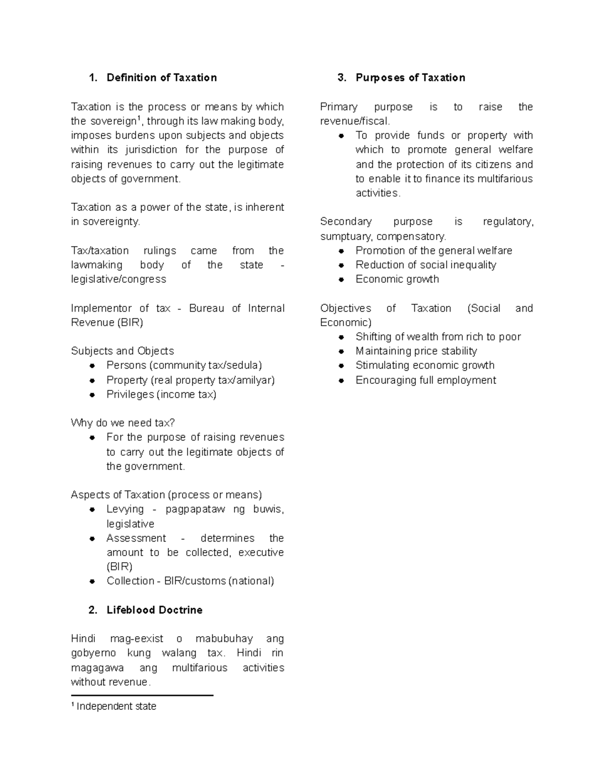 Taxation - notes - Definition of Taxation Taxation is the process or ...