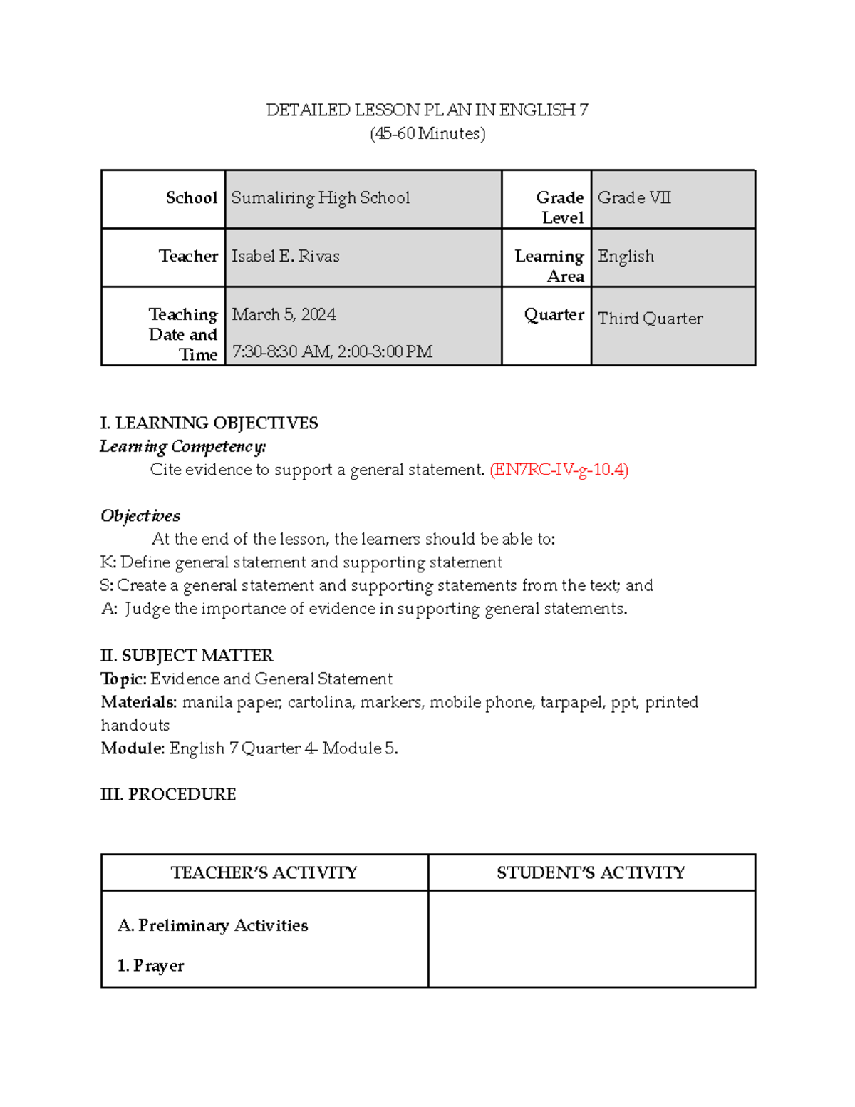 1st Q3M5DLP - Detailed Lesson Plan - DETAILED LESSON PLAN IN ENGLISH 7 ...