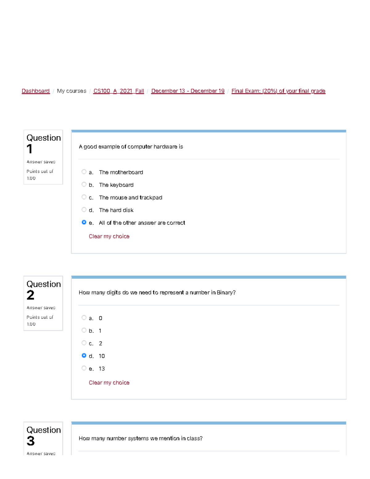 Final Exam: (20%) CS100 - Question 1 Answer saved Points out of 1 ...