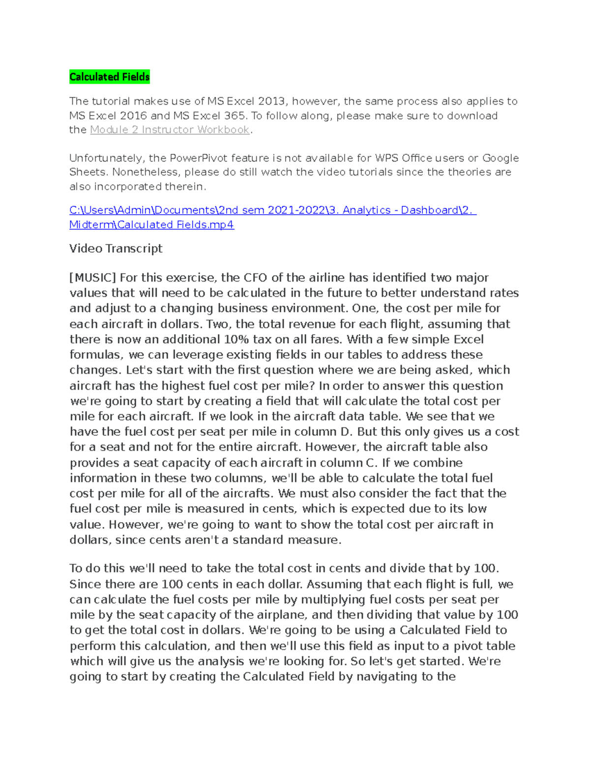 Module 2B - Lecture notes on data structures 1 - Calculated Fields The ...