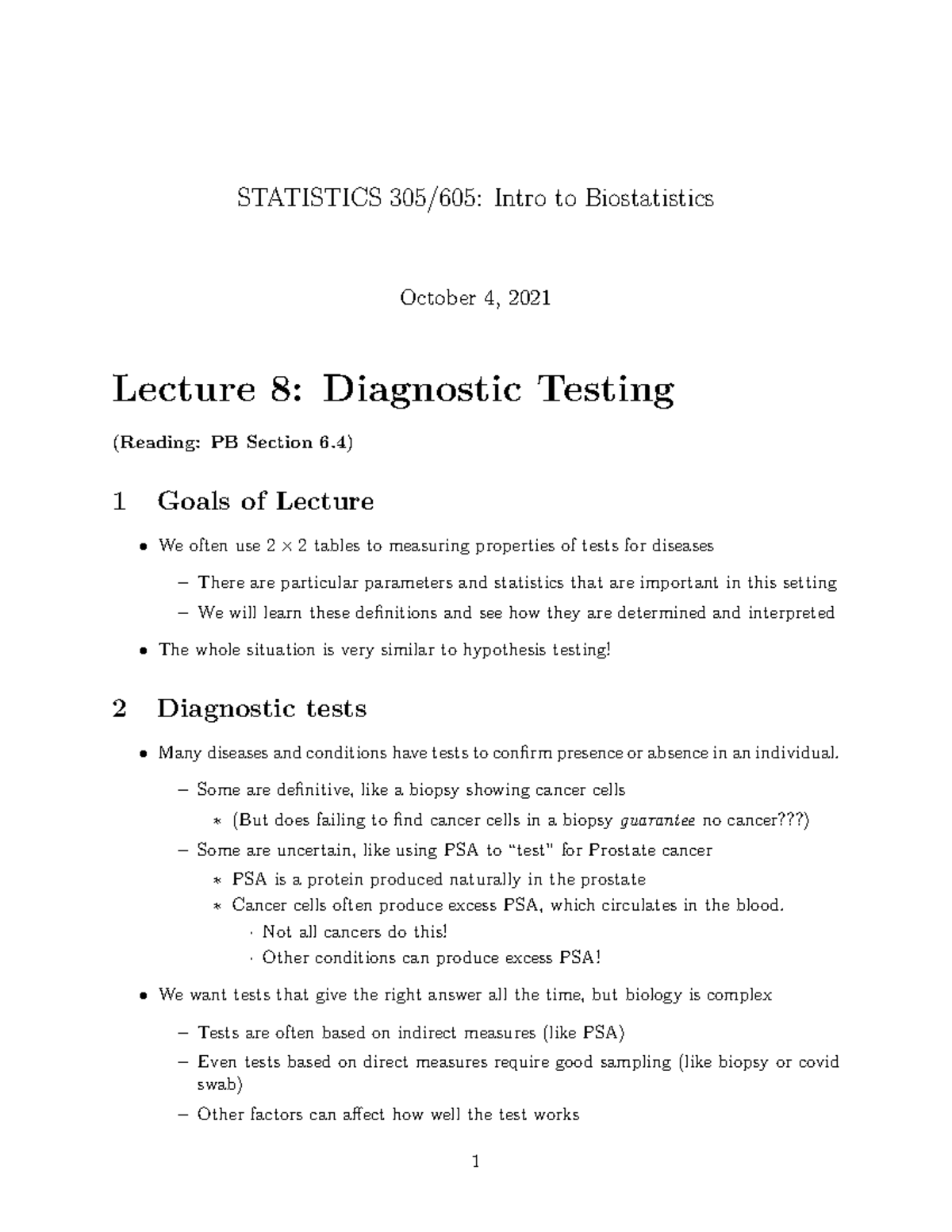 Lecture 8 Diagnostic Testing - STATISTICS 305/605: Intro to ...