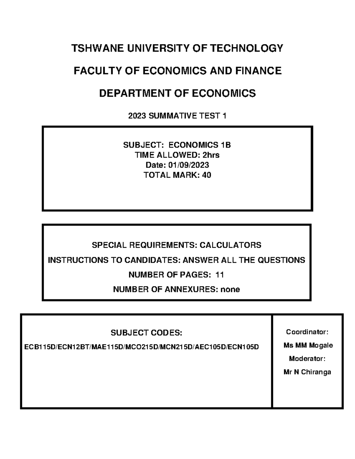Economics 1B Test 1 2023 - TSHWANE UNIVERSITY OF TECHNOLOGY FACULTY OF ...
