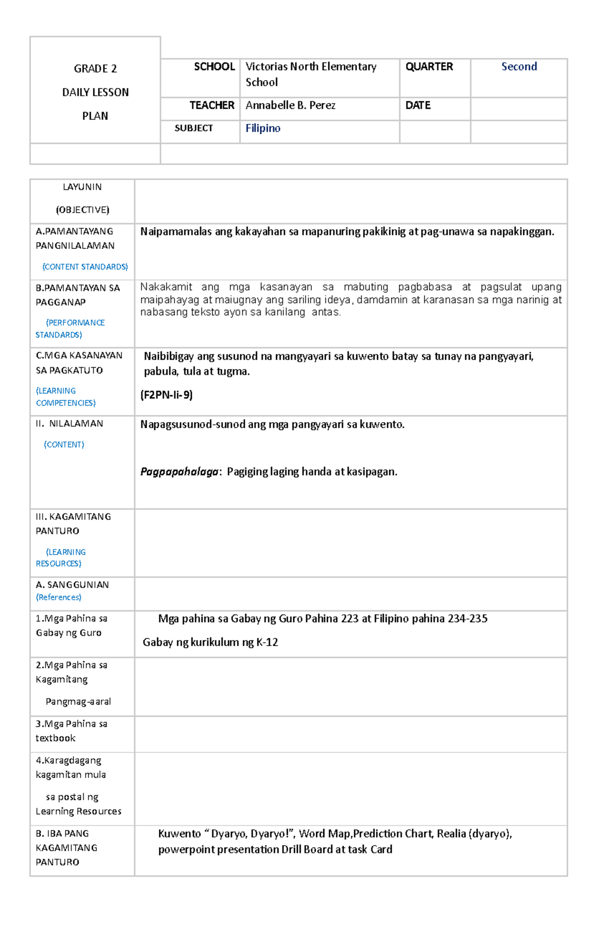 COT-Filipino 2LP-2nd Q - GRADE 2 DAILY LESSON PLAN SCHOOL Victorias ...