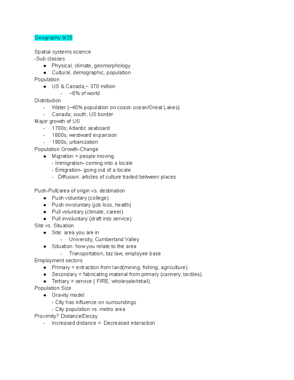 Geography GEO- 103 - Geography 8/ Spatial systems science -Sub classes ...