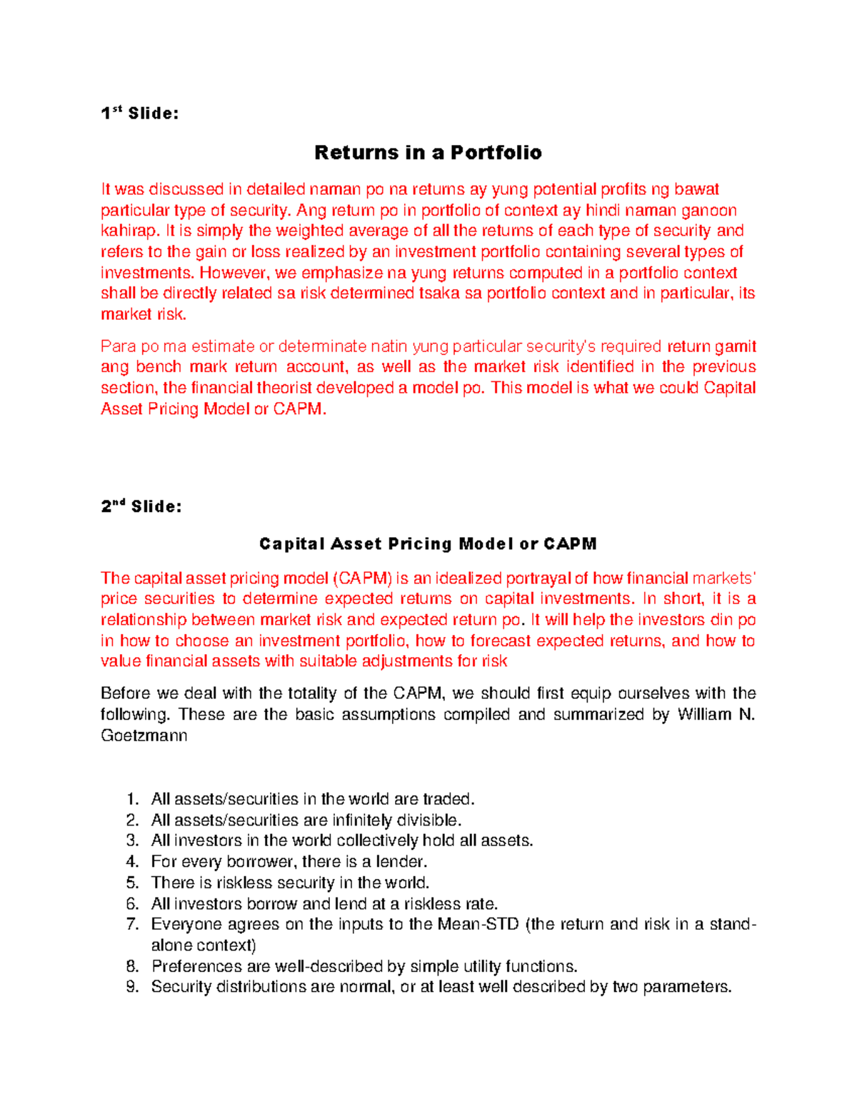 PPT FM Report - 1 st Slide: Returns in a Portfolio It was discussed in ...