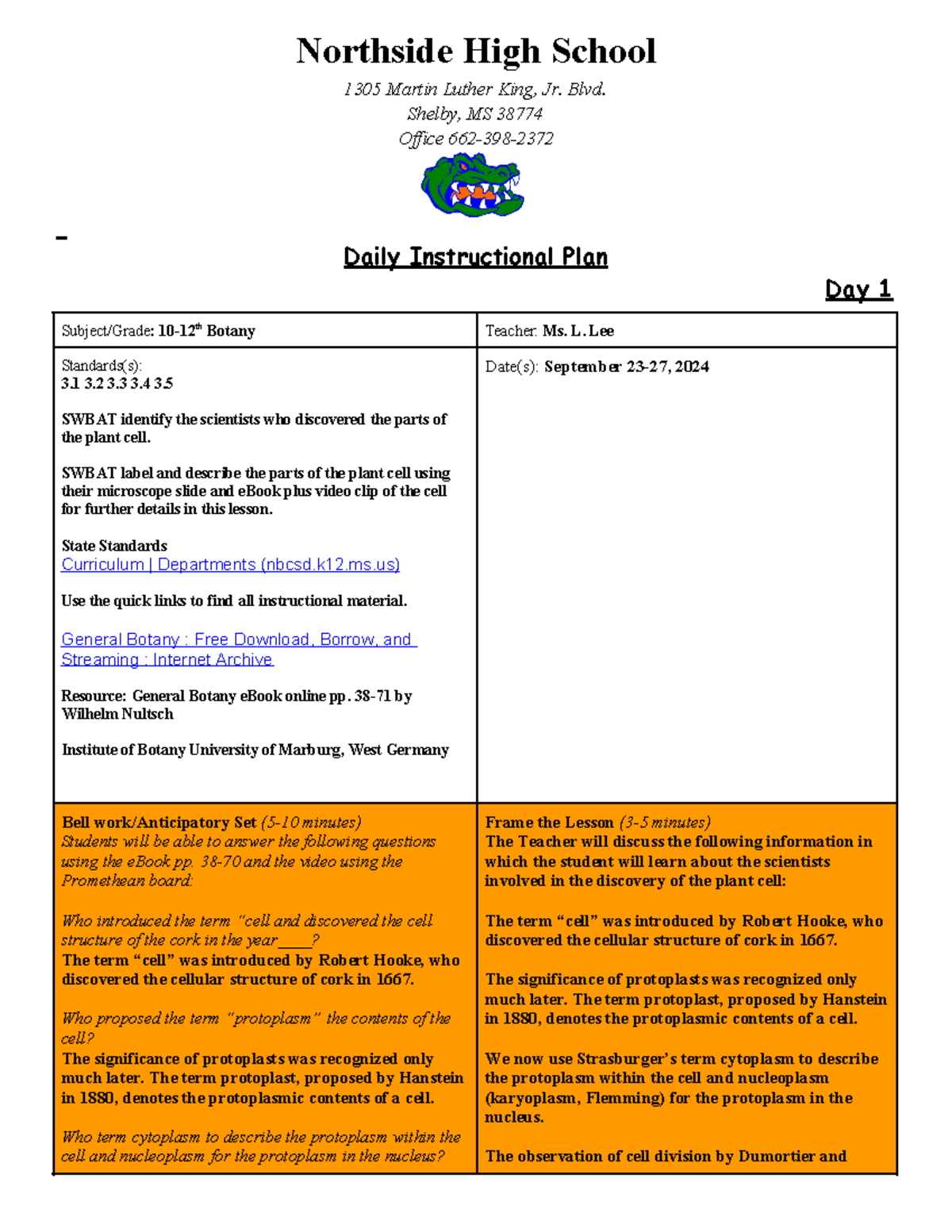 Botany Lesson Plan Spetember 23-27, 2024 LLee - Northside High School ...