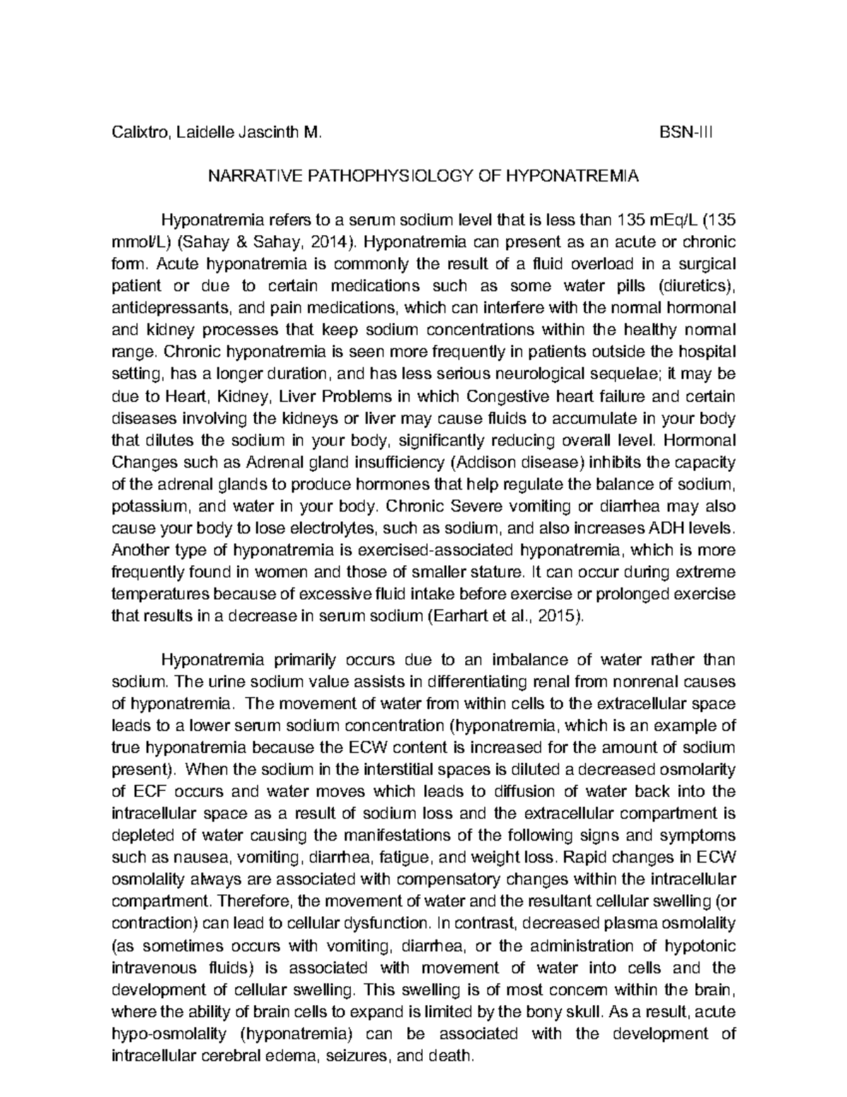 Hyponatremia Narrative - Calixtro, Laidelle Jascinth M. BSN-III ...