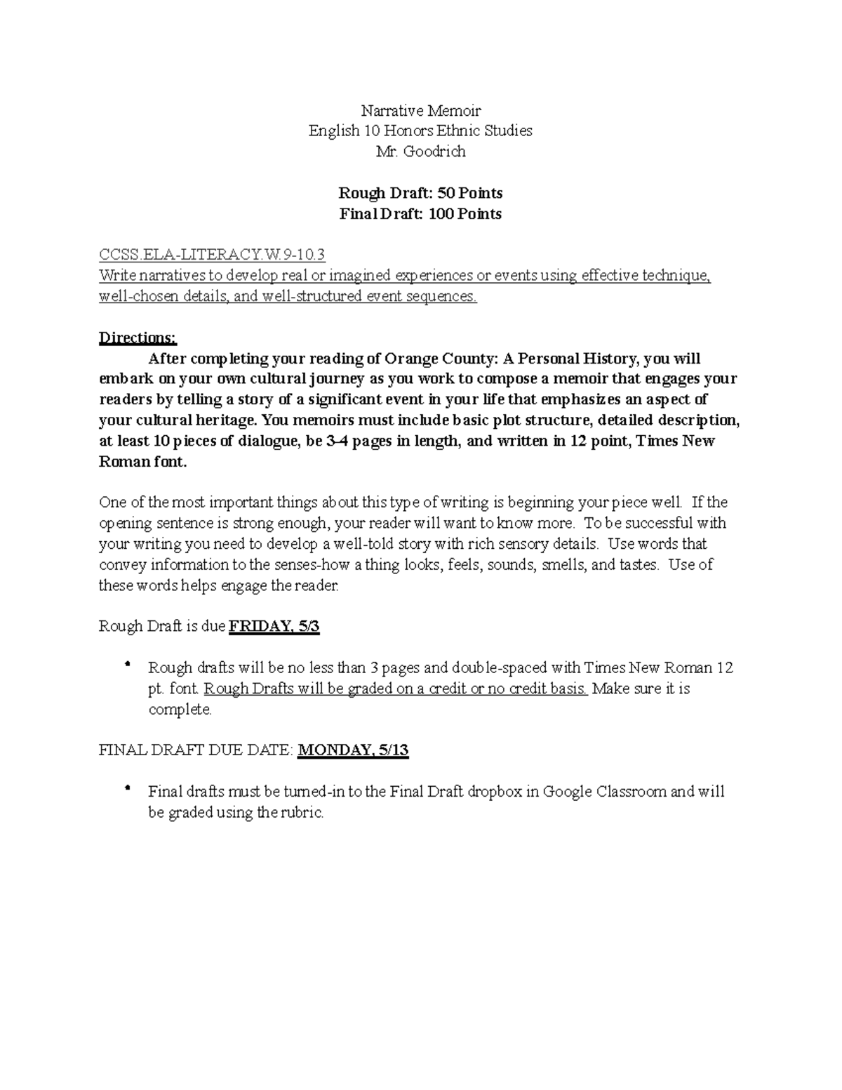 Narrative Memoir - jibpin - Narrative Memoir English 10 Honors Ethnic ...