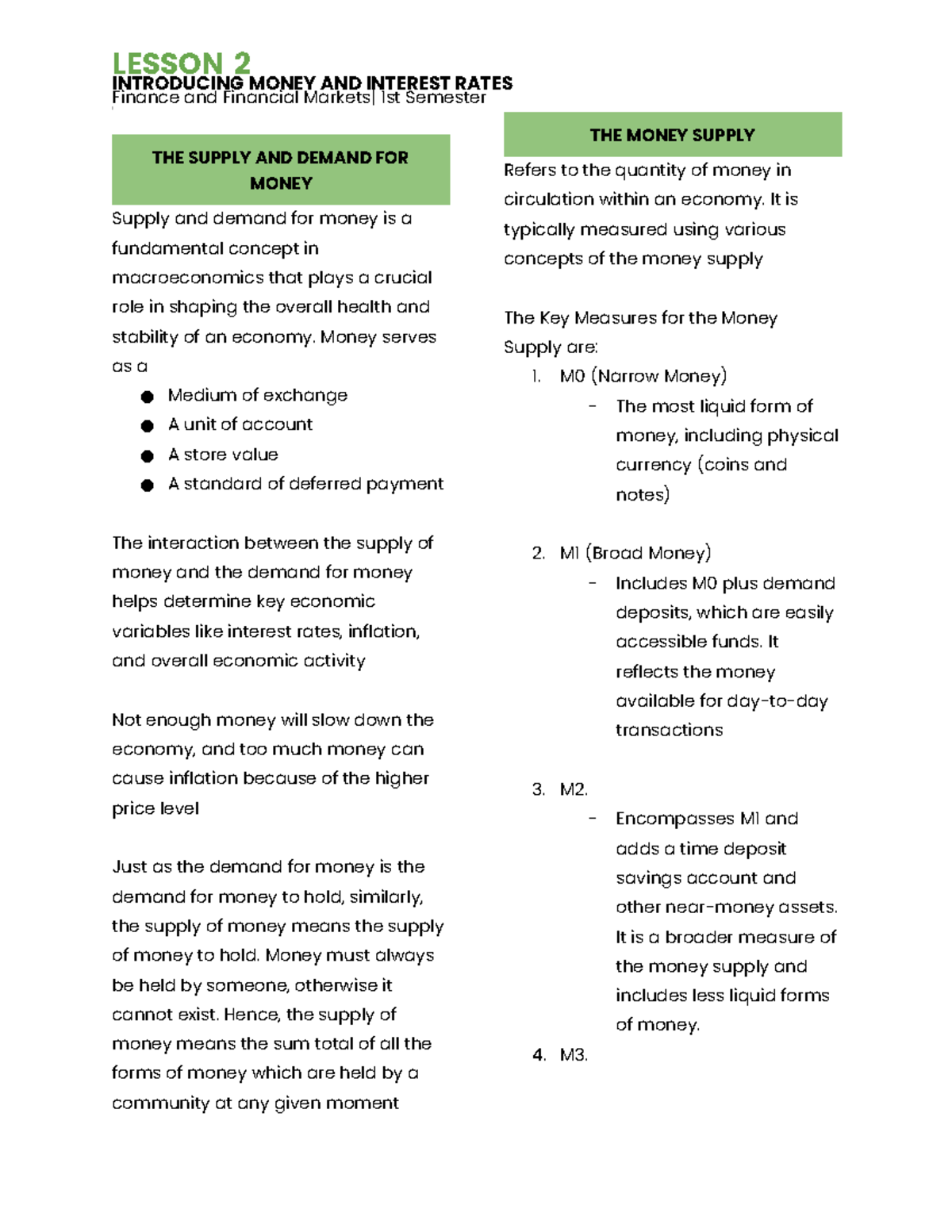 Lesson 2 - lecture - LESSON 2 INTRODUCING MONEY AND INTEREST RATES ...