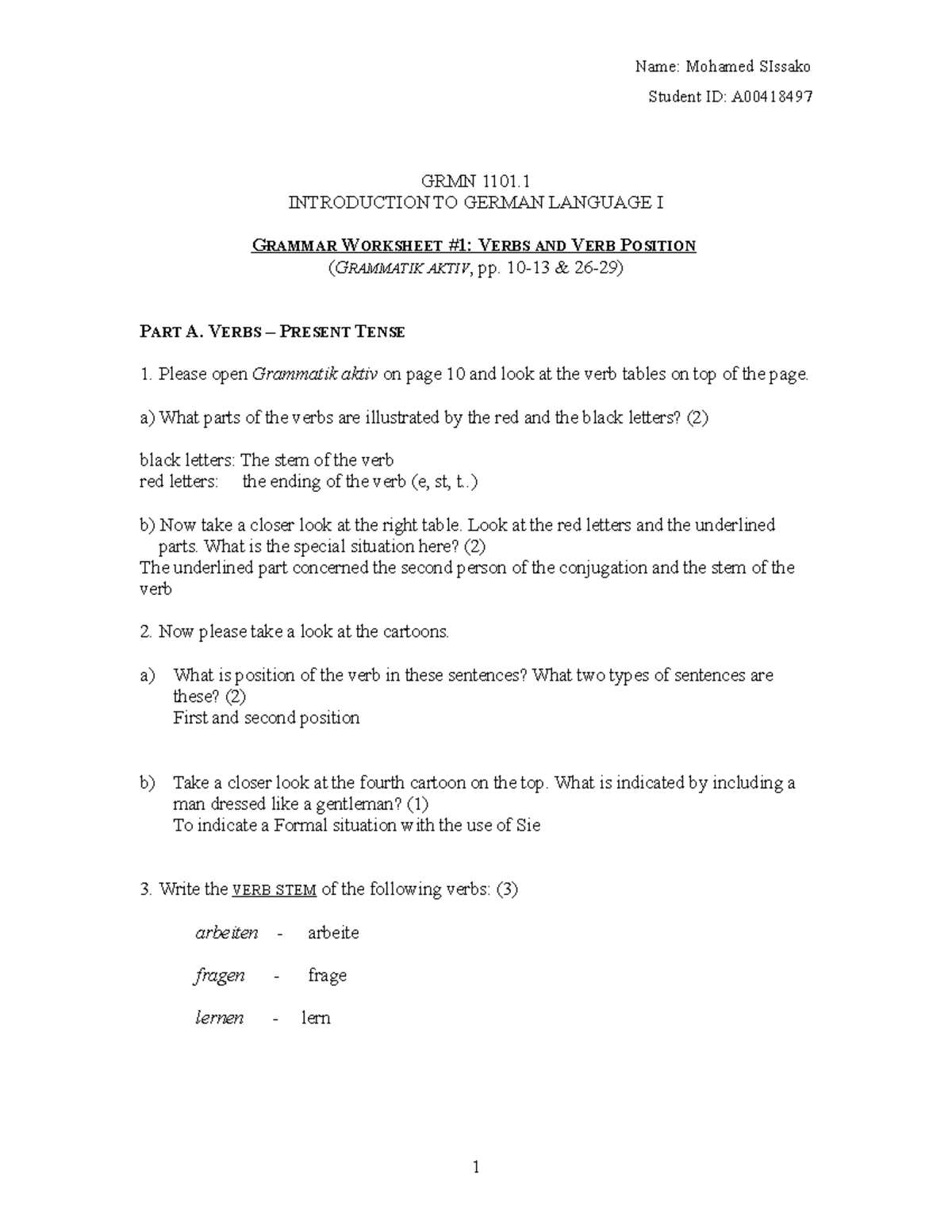 Worksheet 1 Verbs and Verb Position - Student ID: A GRMN 1101 ...