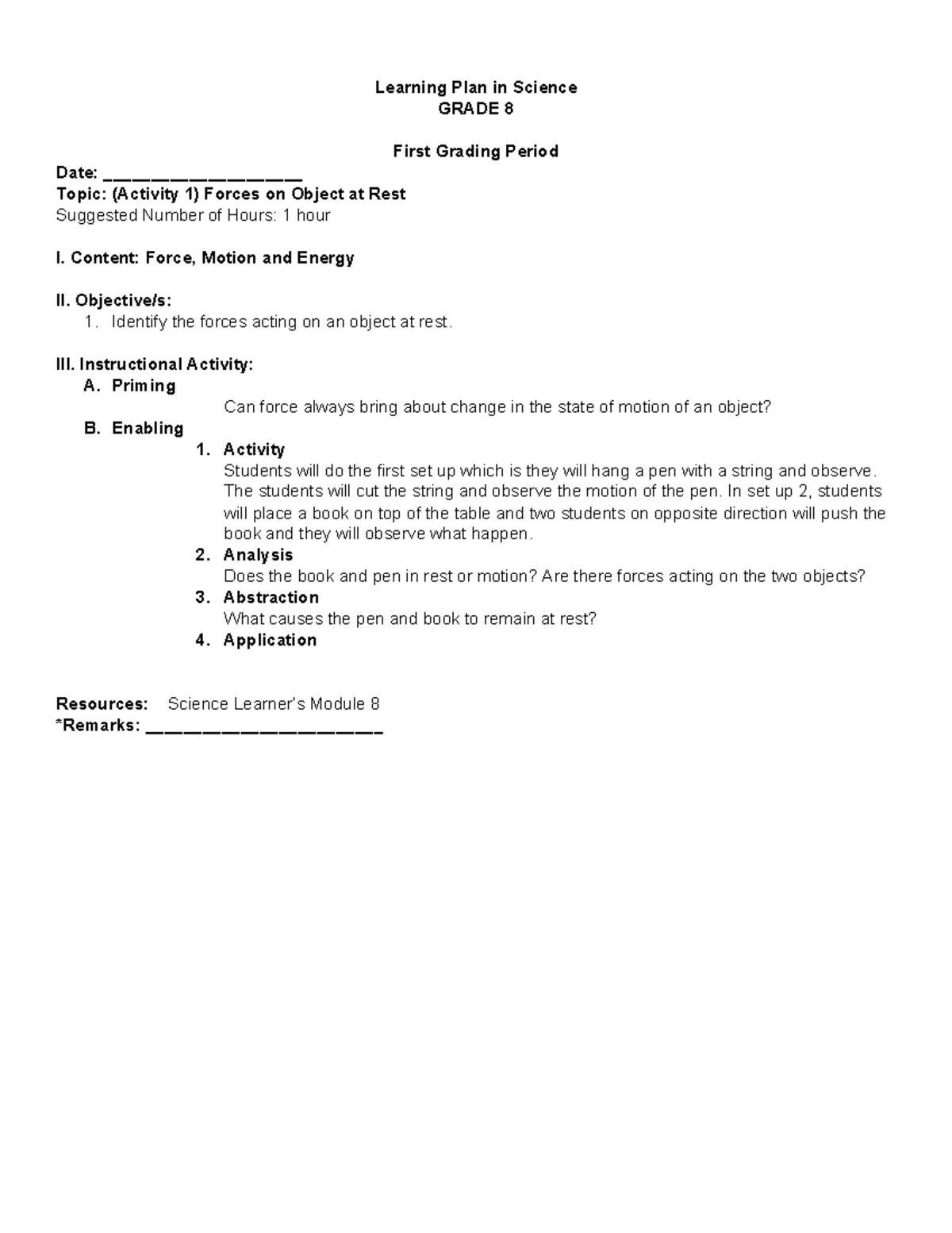 LP3(6-3-15) - Learning Plan in Science GRADE 8 First Grading Period ...