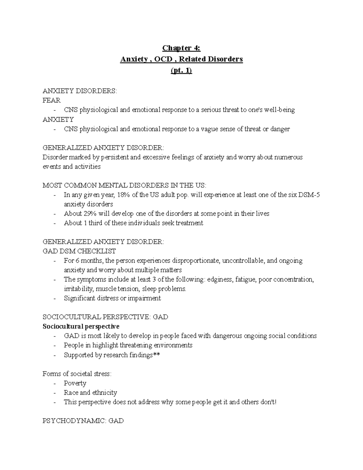 CH 4 OCD AND ANXIETY NOTES PT 2 - Chapter 4: Anxiety , OCD , Related ...