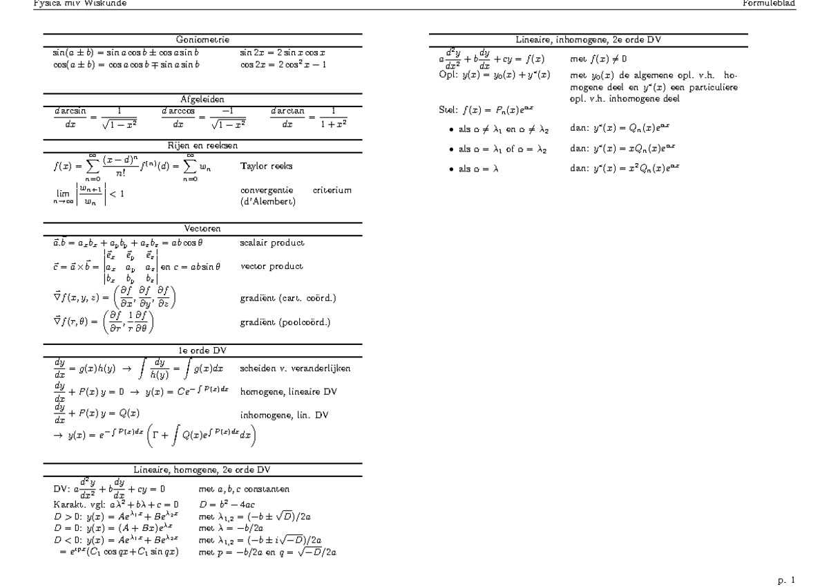 Formuleblad - Formule blad van de examens in januari (fysica miv ...