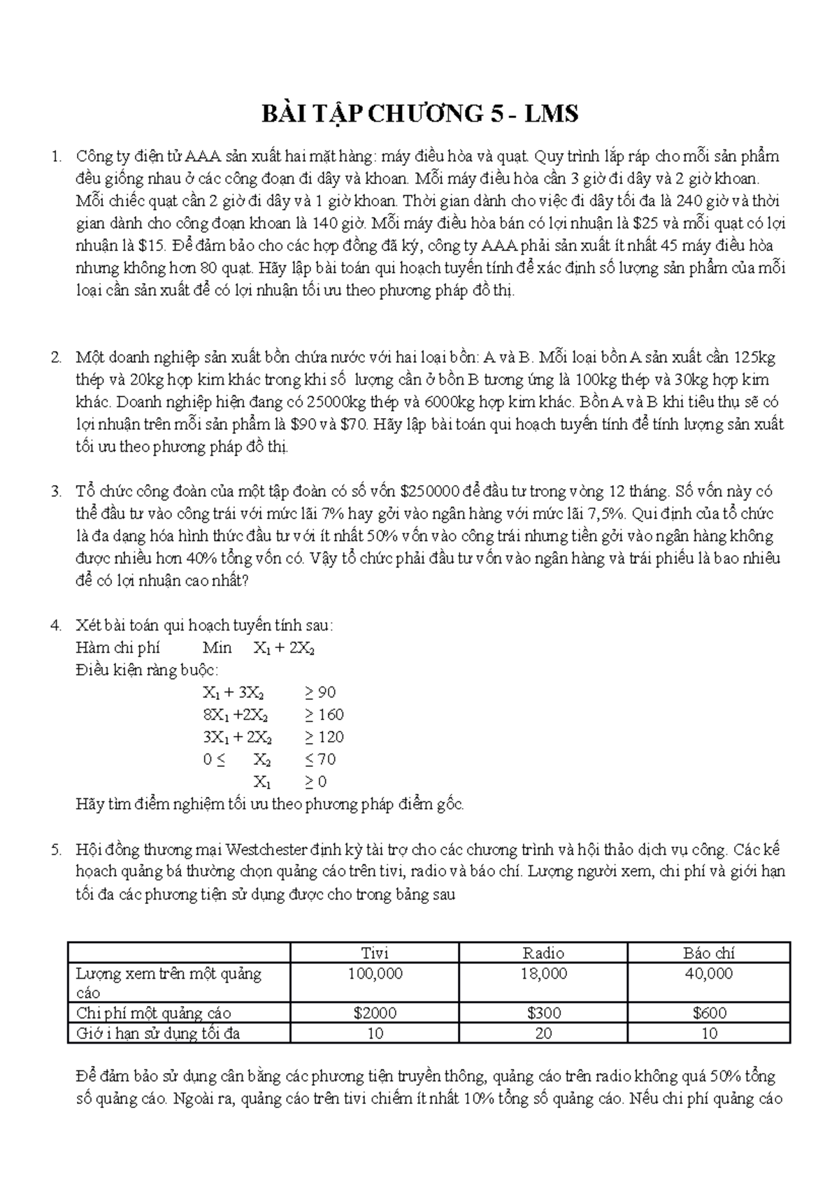 BÀI TẬP CHƯƠNG 5-LMS - bài tập ptdl - BÀI TẬP CHƯƠNG 5 - LMS Công ty điện tử AAA sản xuất hai ...