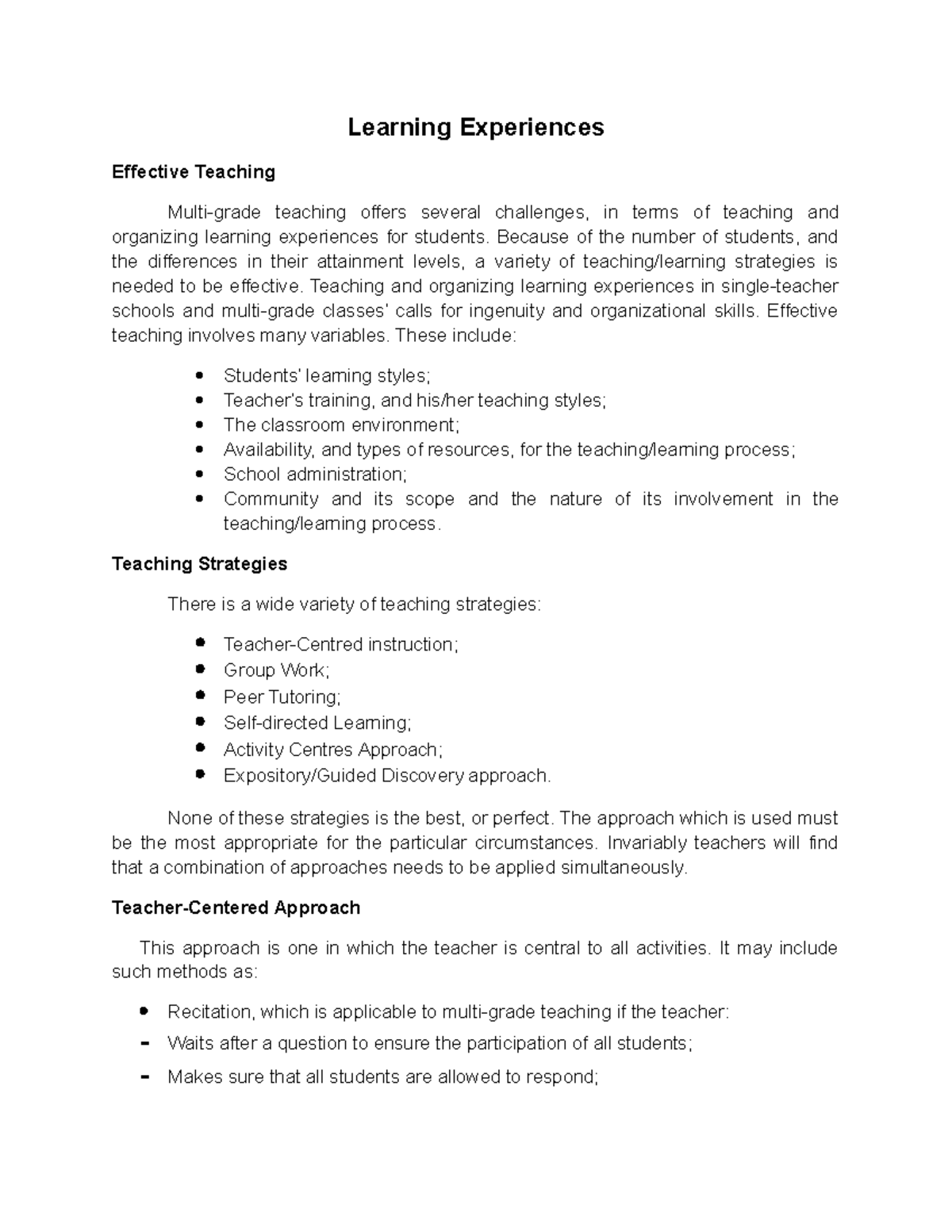 Learning Experiences - Lecture notes 3 - Learning Experiences Effective ...